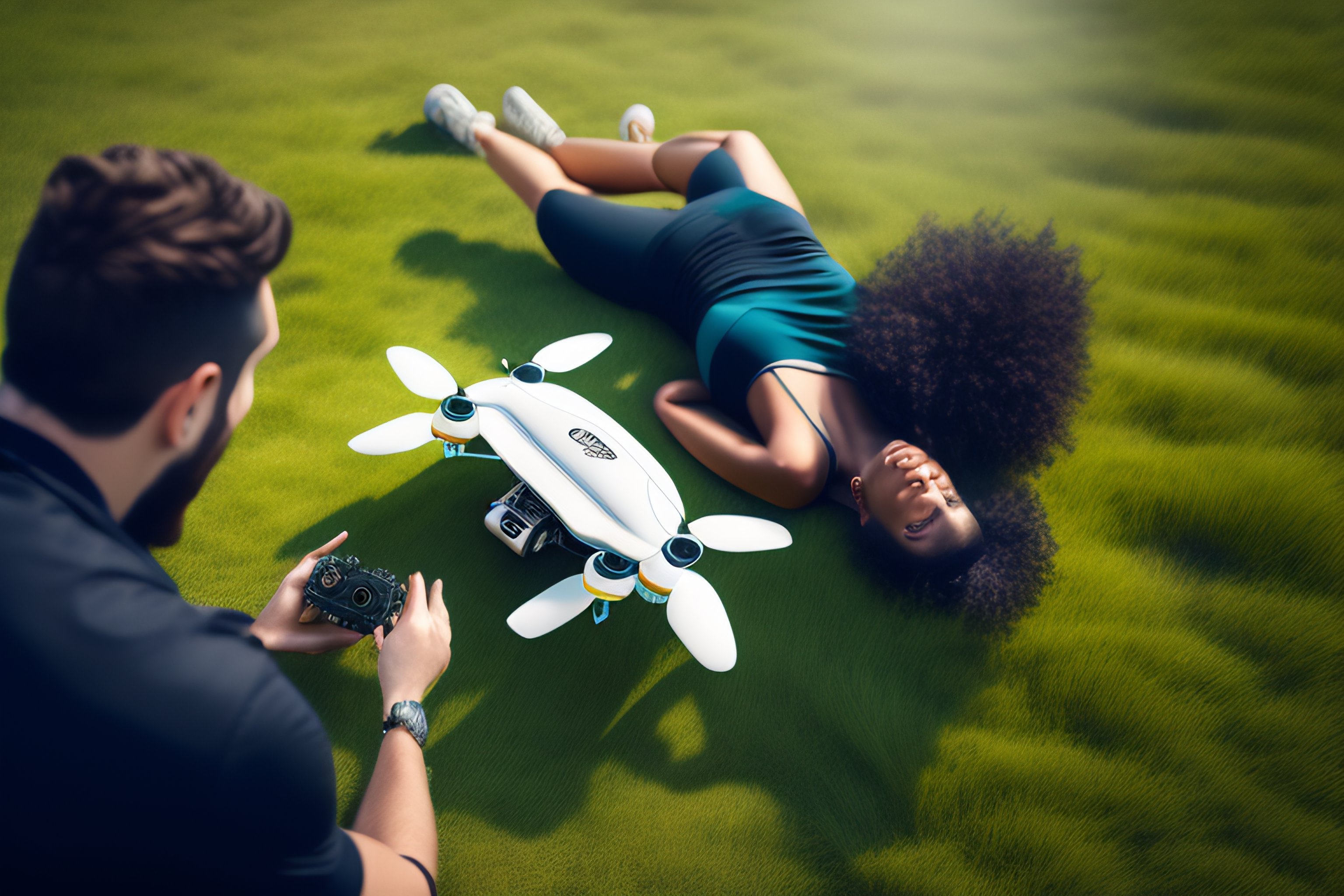 Lexica - A white woman and a black man sitting in the grass and play with one mini drone. The ...