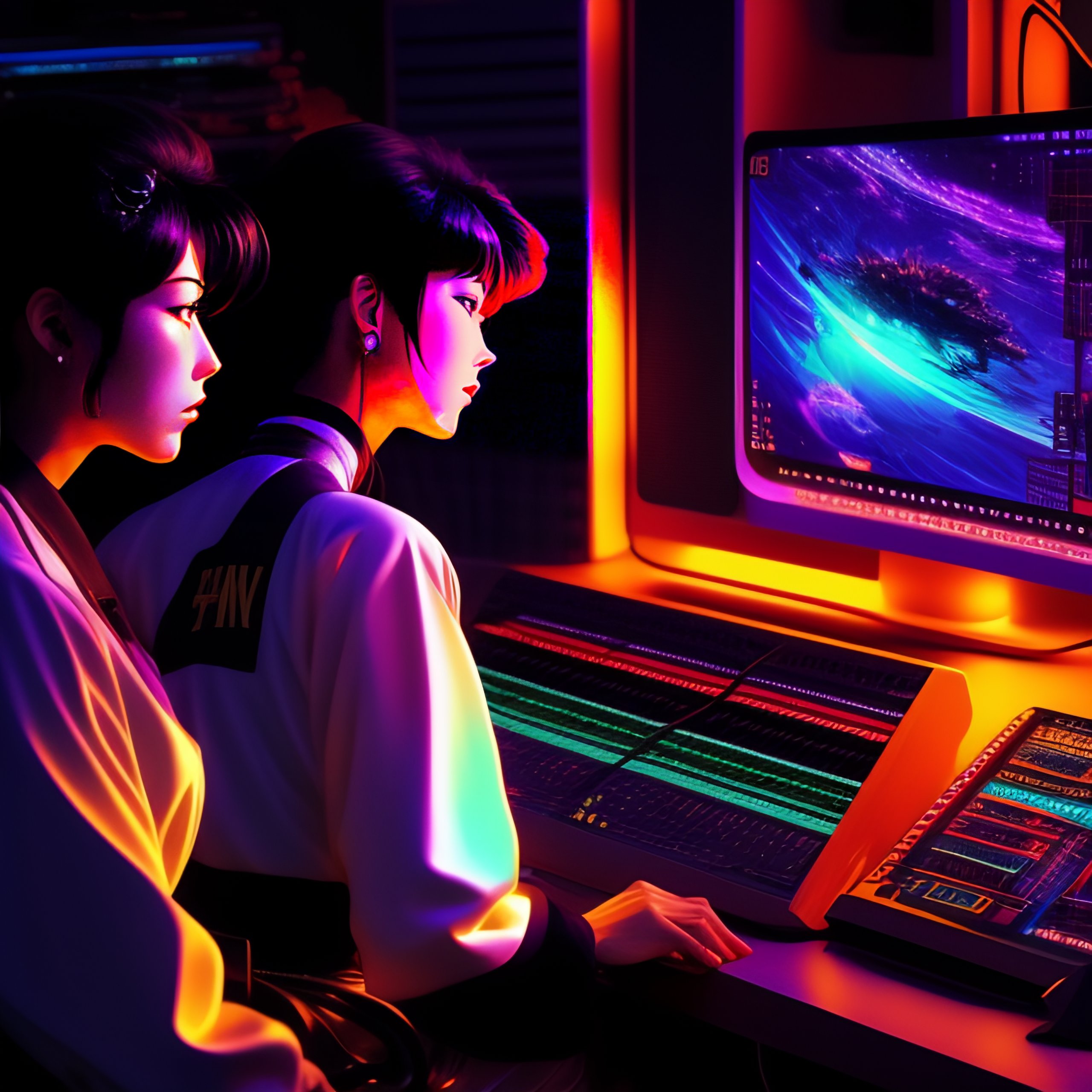 Lexica - Vintage 90's anime style; crew inside a home studio with a ...