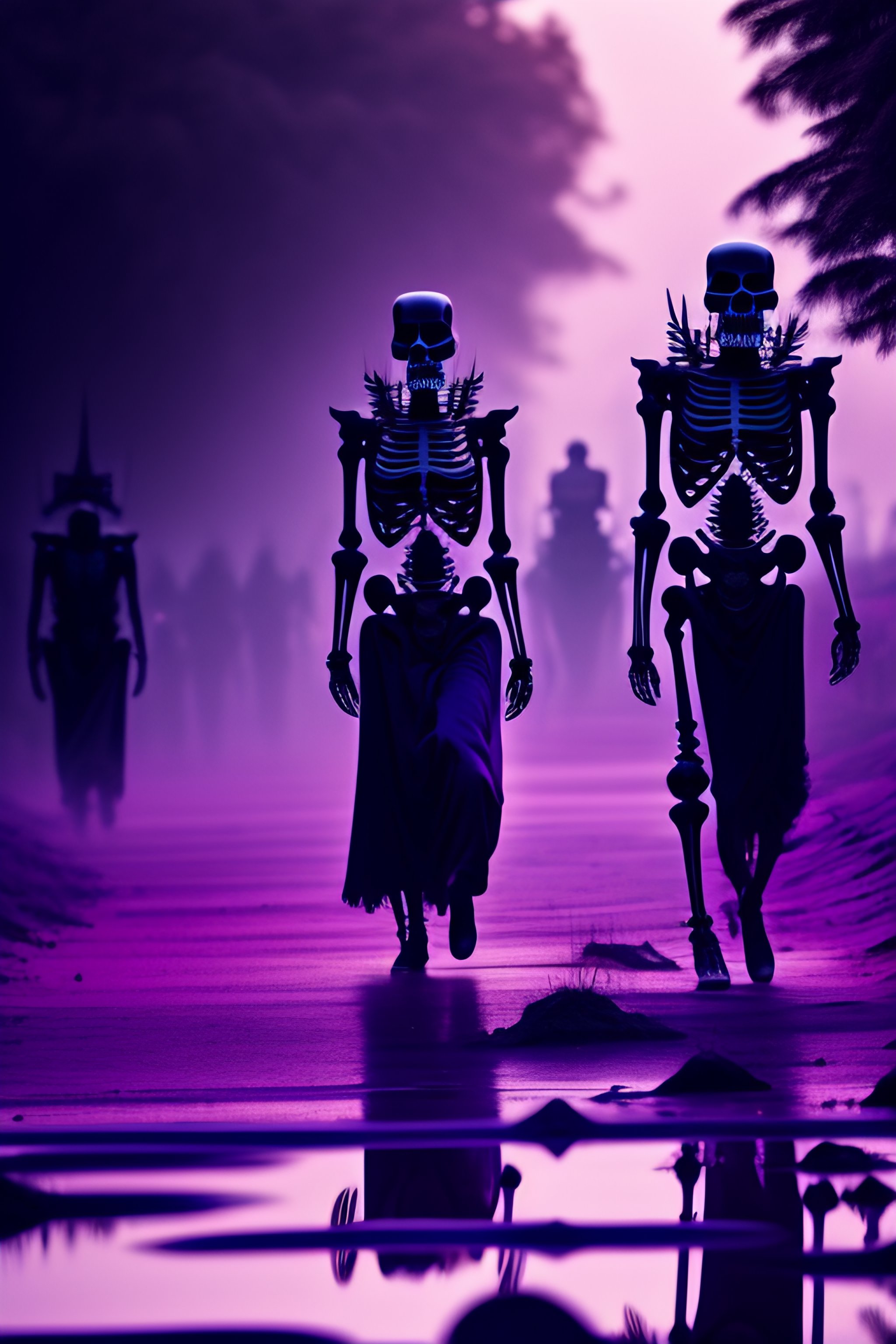 Lexica - Horror. skeletons. purple mist in background.