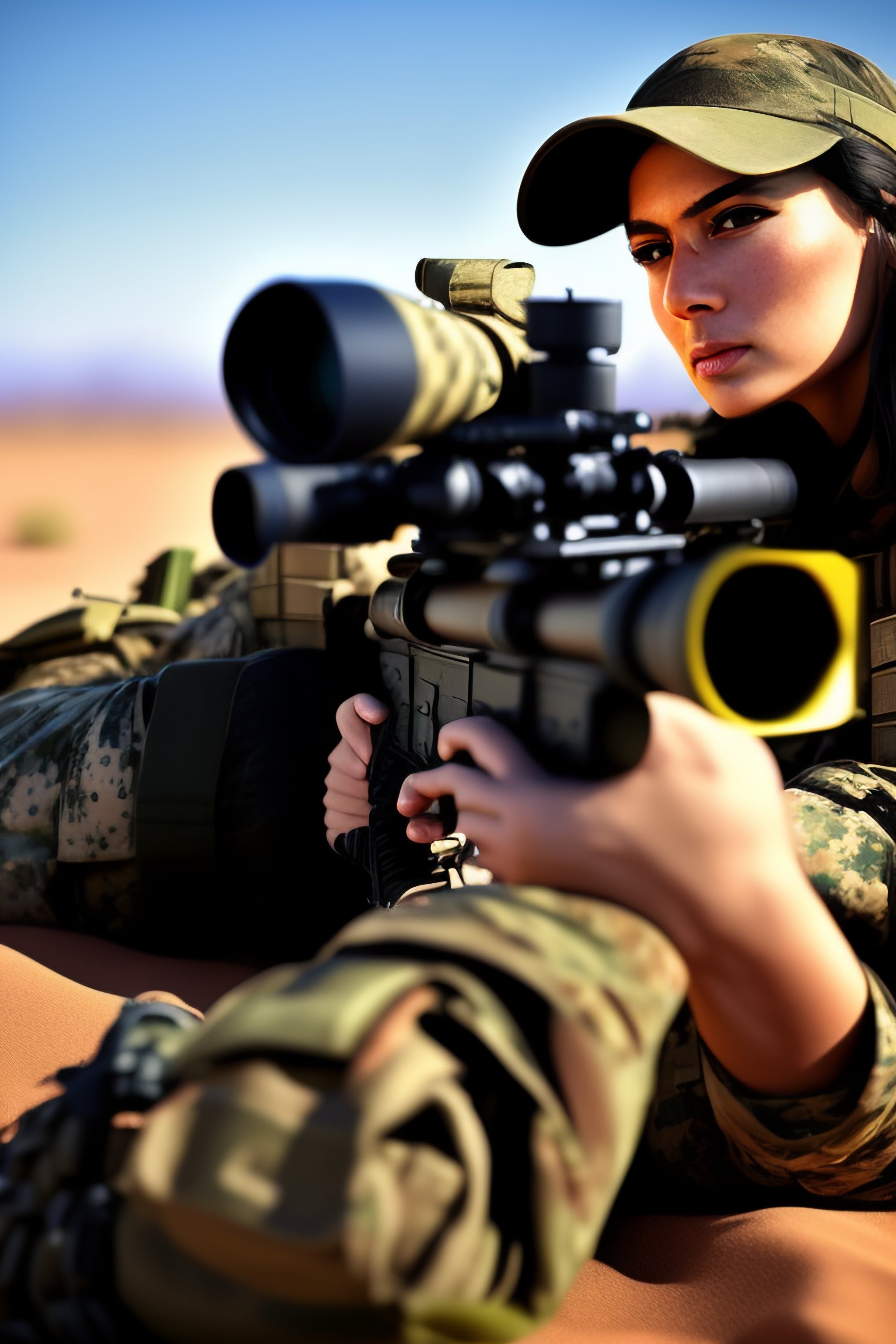 Lexica - Fit female sniper, flat on the ground legs apart, 50-caliber rifle