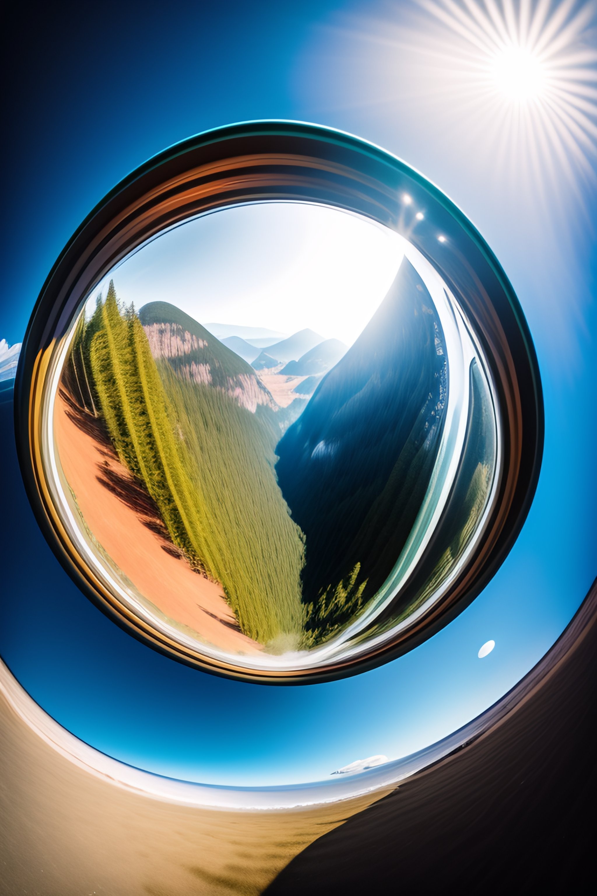 Lexica - Capture from inside a mirror sphere. Ultra wide angle.