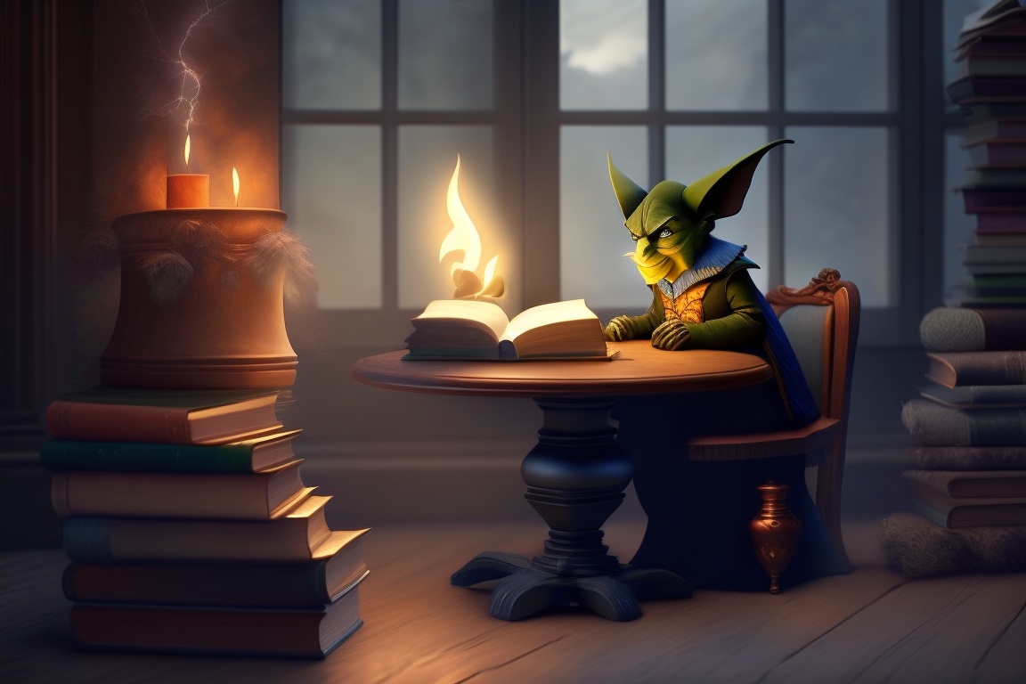Lexica - Goblin sitting in a chair behind a desk in a library near a ...