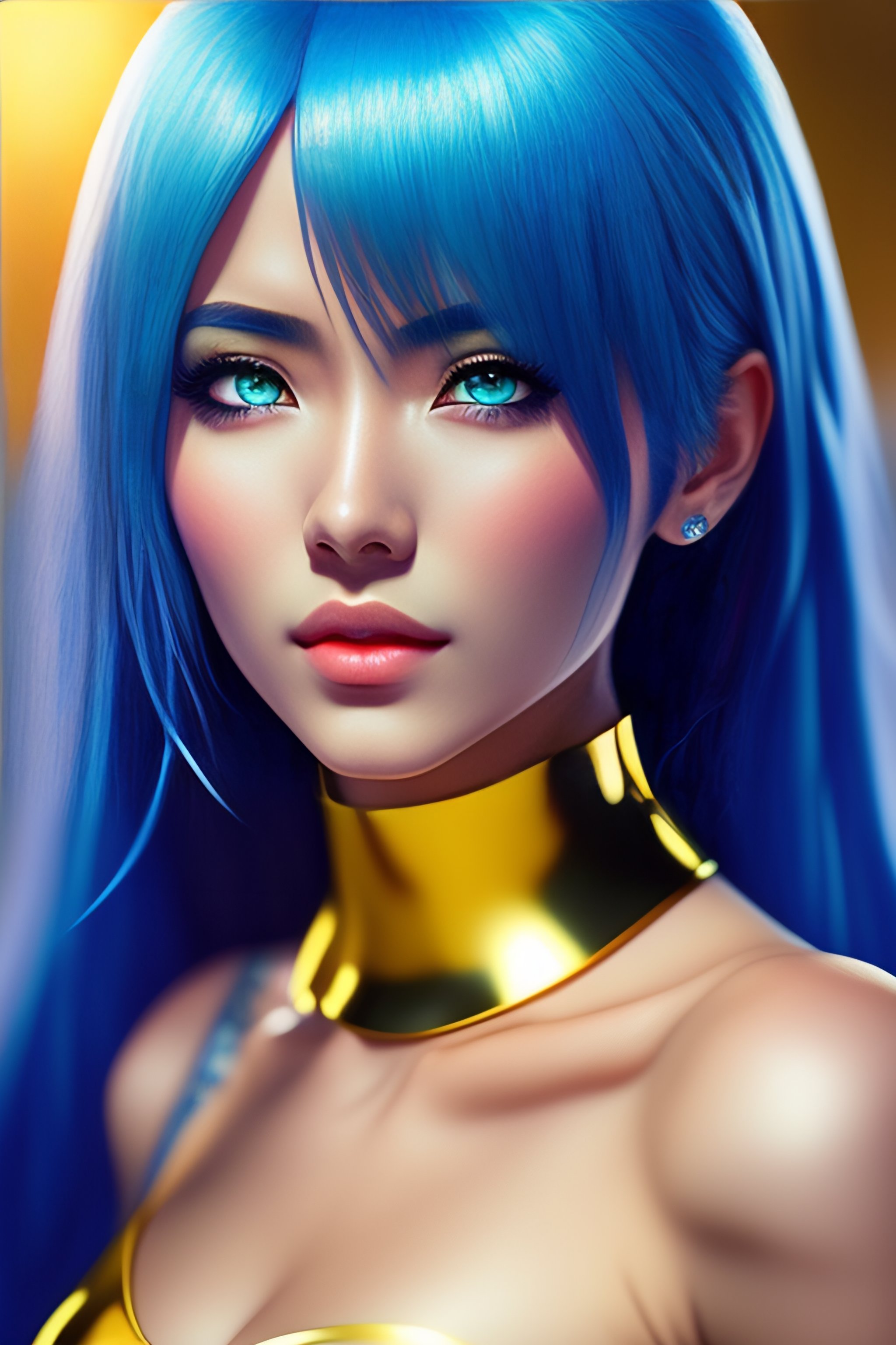 Lexica - Portrait of an anime character hyper realistic blue hair gold eyes
