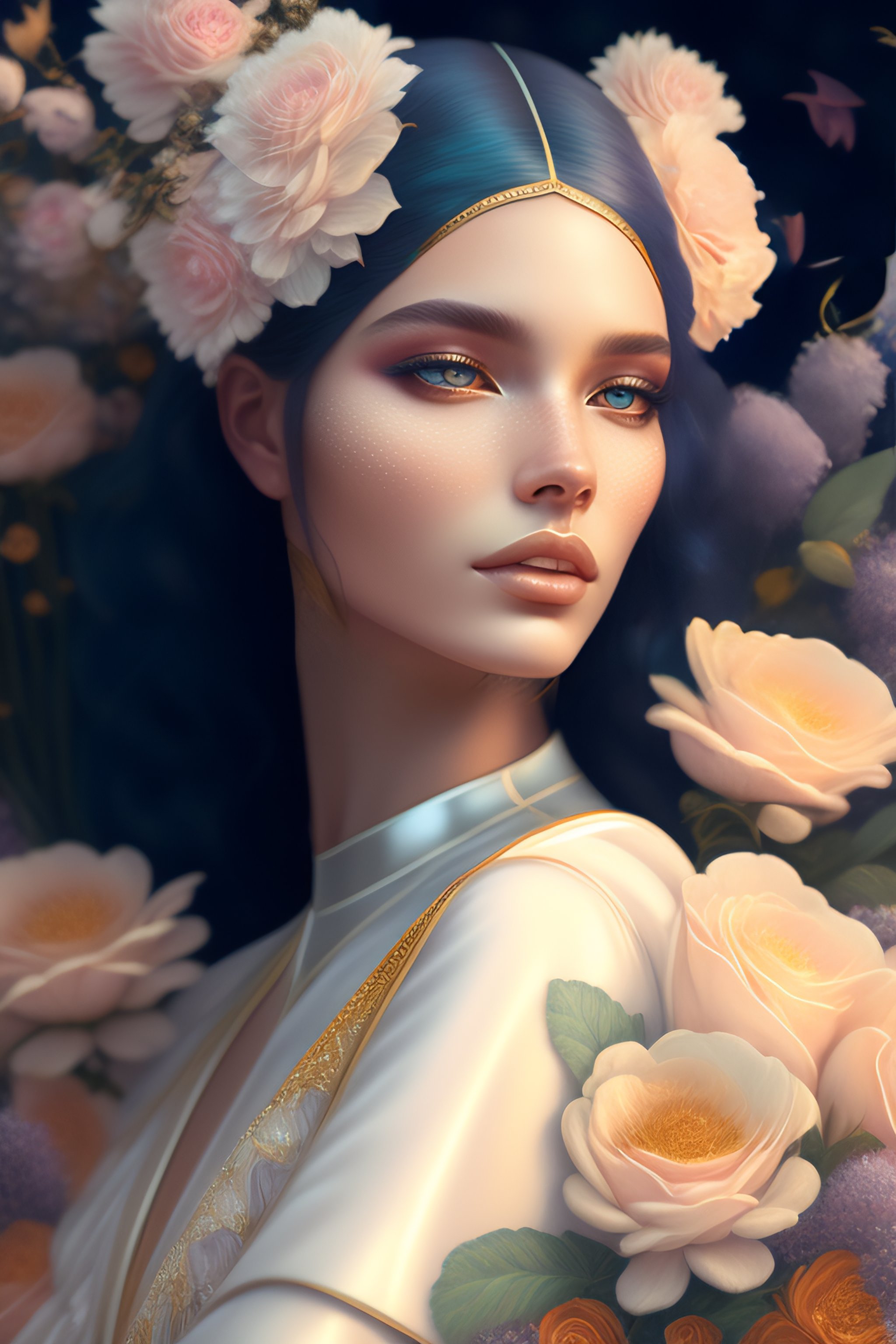 Lexica - Portrait of a white tiger girl, surrounded by flowers by karol ...