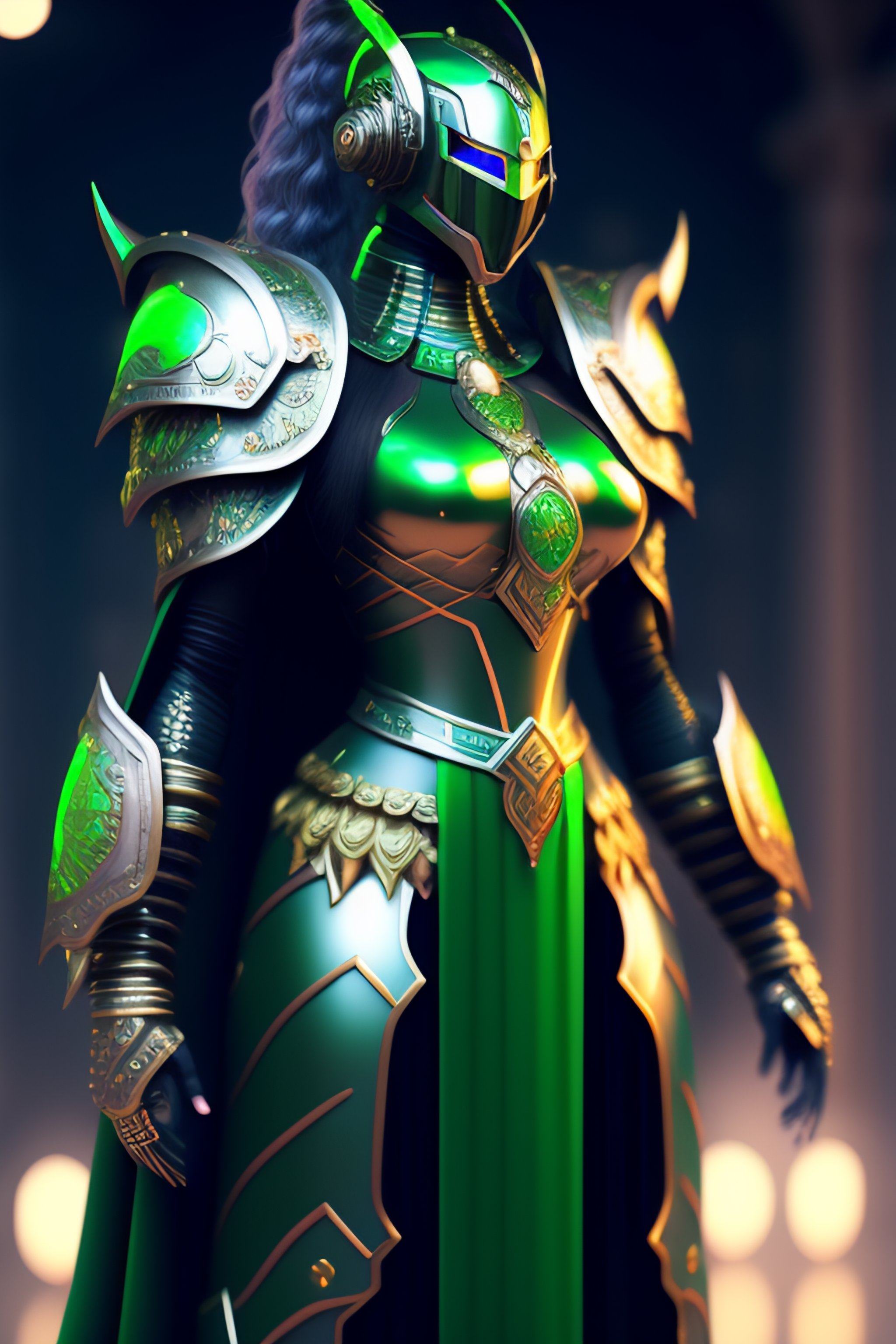 Lexica - Ancient androgyn metal robot warrior, with a green long dress ...