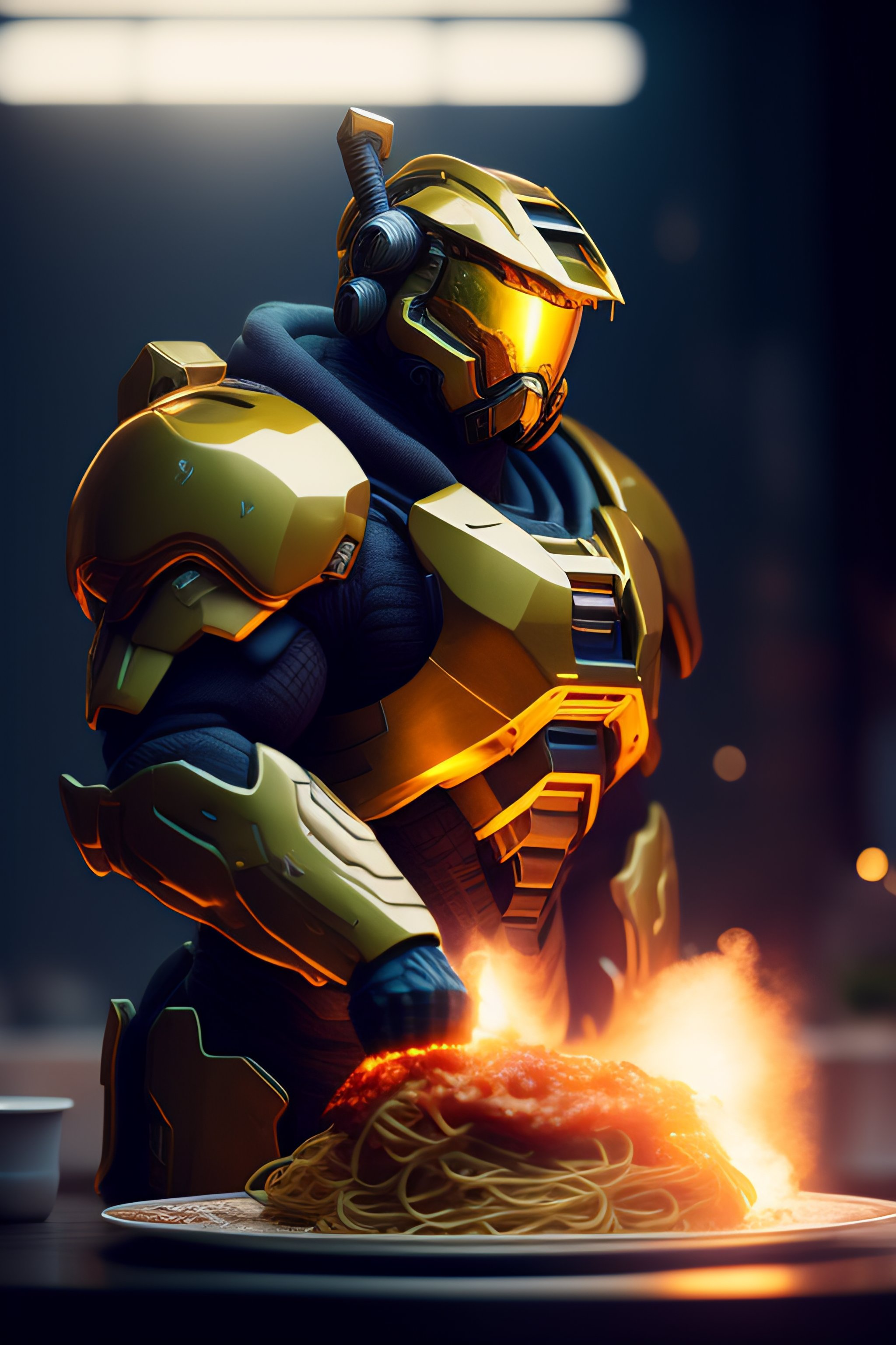 Lexica - Master Chief (halo), eating pasta, male, strong, by wlop, ilya ...