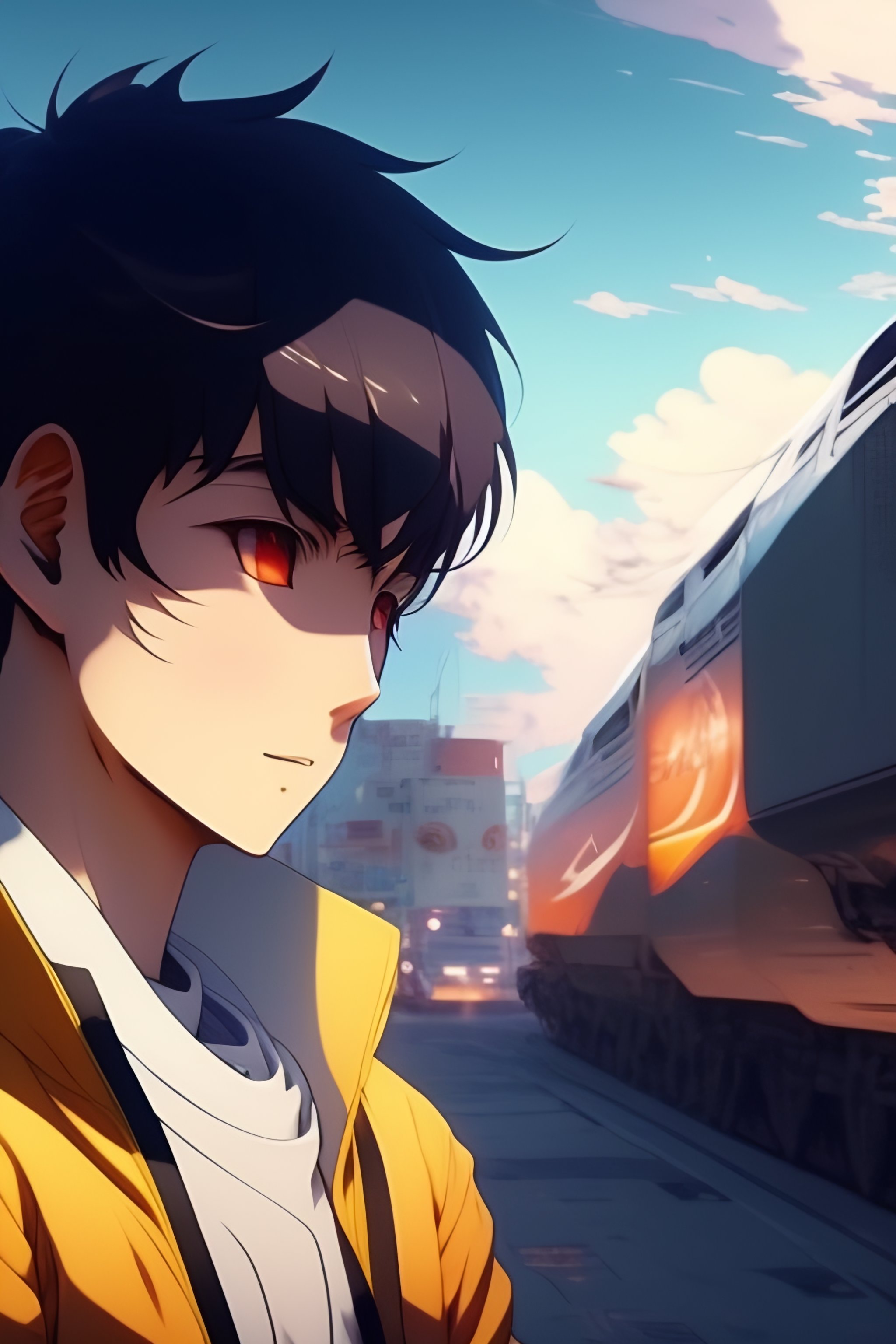 Lexica - A scared anime boy covers his face with his hands, a giant ...