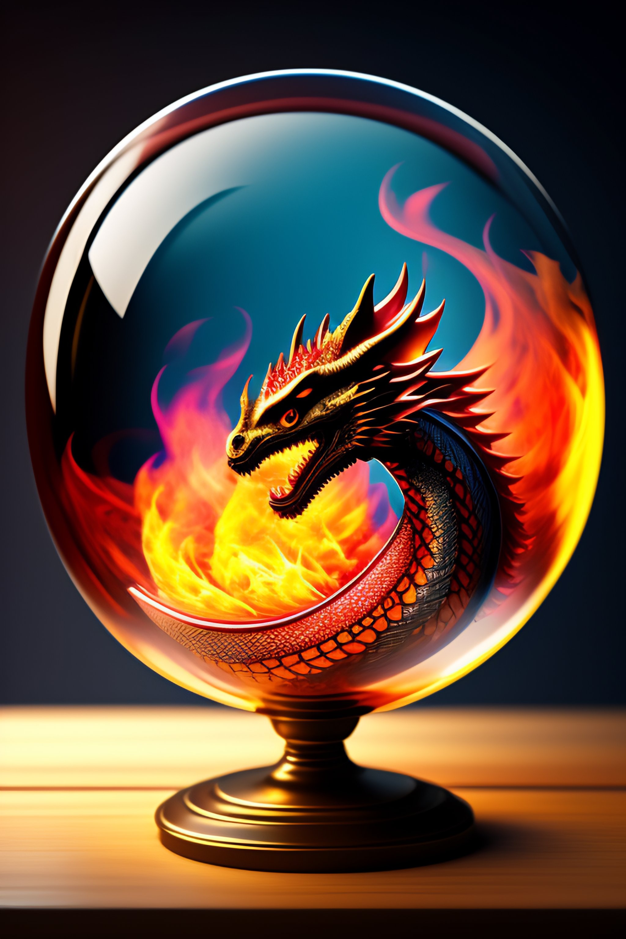 Lexica - Fire throwing dragon inside a glass ball on a table, fantasy ...