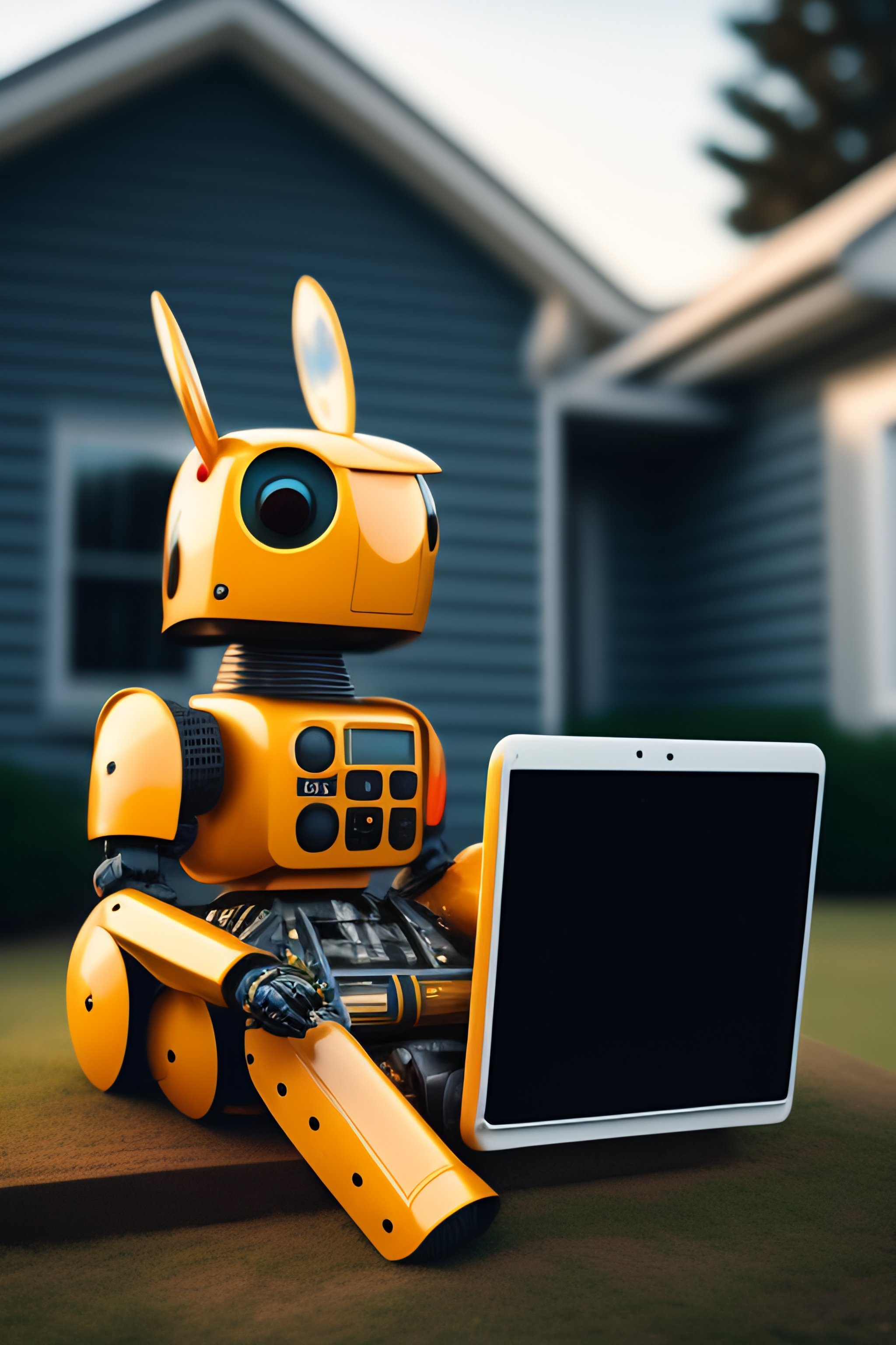 Lexica - Bunny robot working on a tablet and sitting in the front of ...