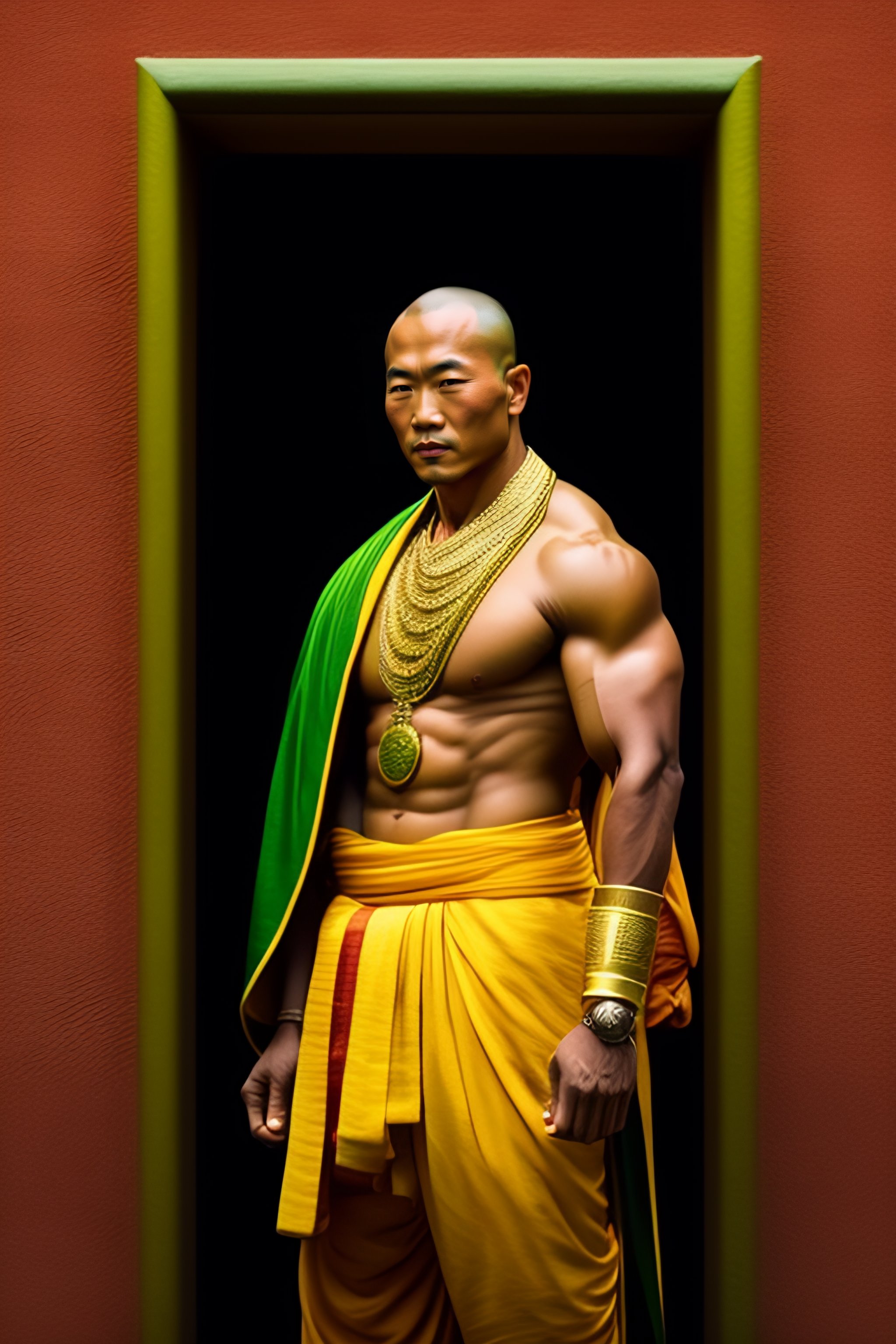 Lexica - Asian monk with bulging muscles and green and gold cloth pants ...