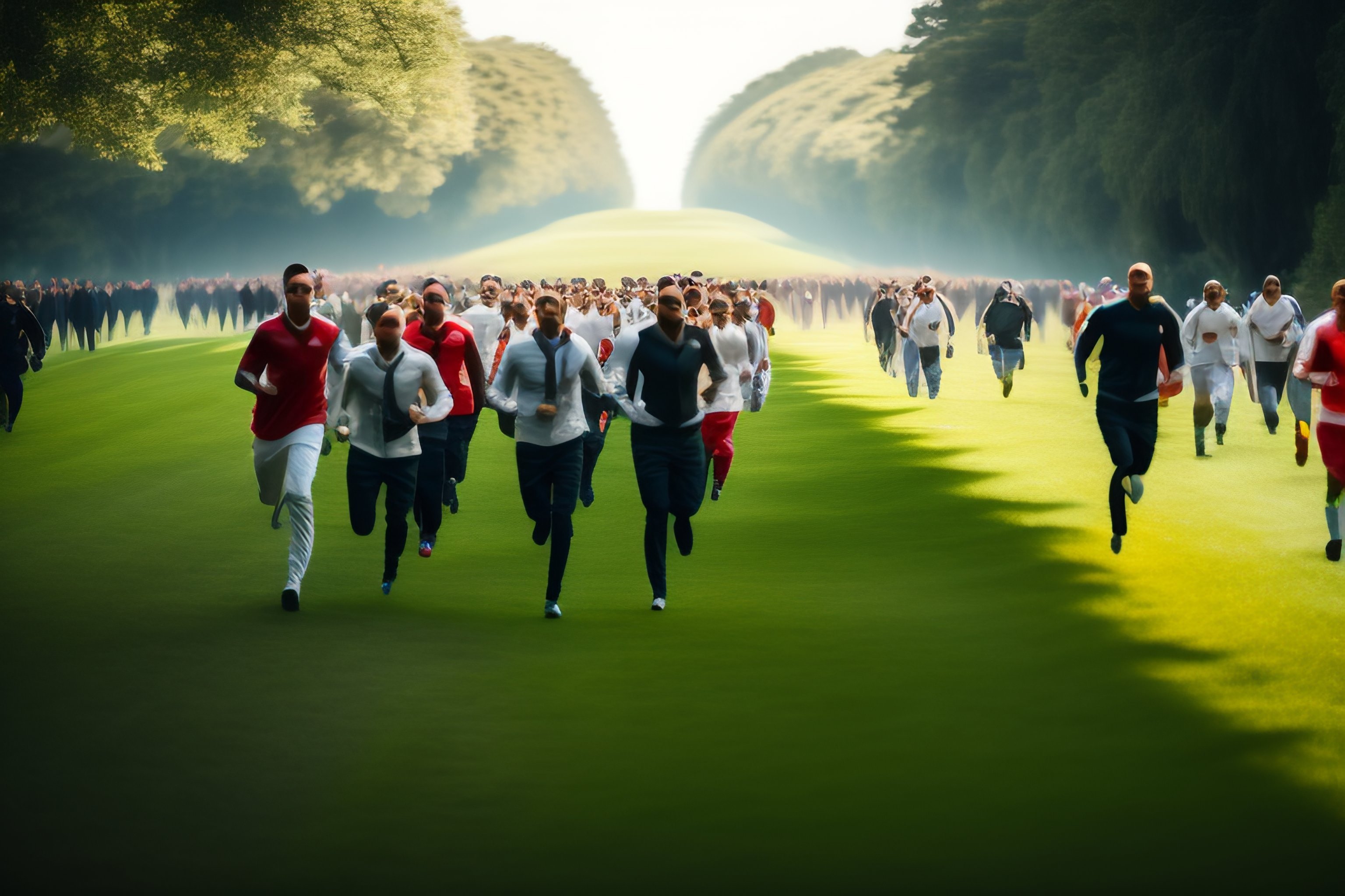 Lexica - Background full of men and women chasing a person, front view ...