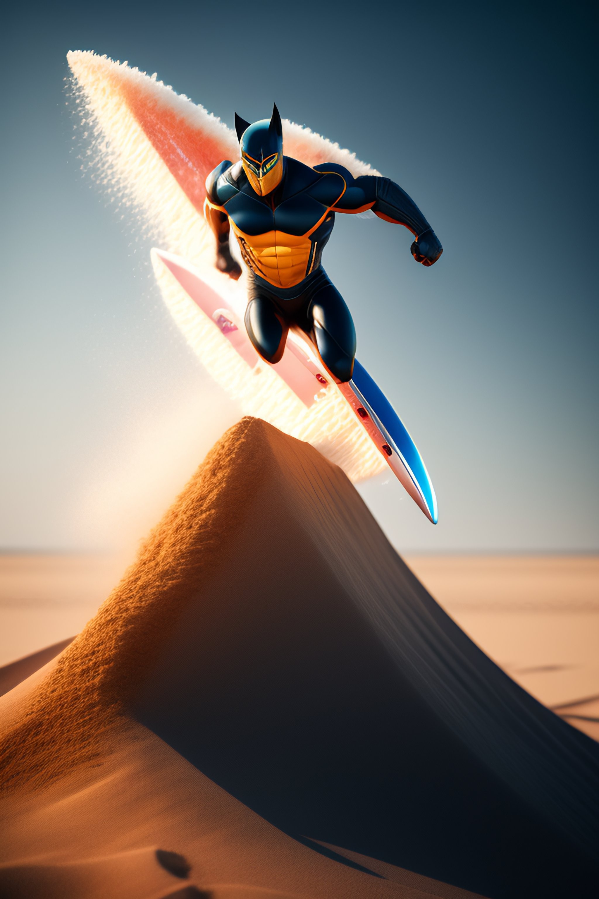 Lexica - Wolverine, on top of surf board, silver board, particles of ...