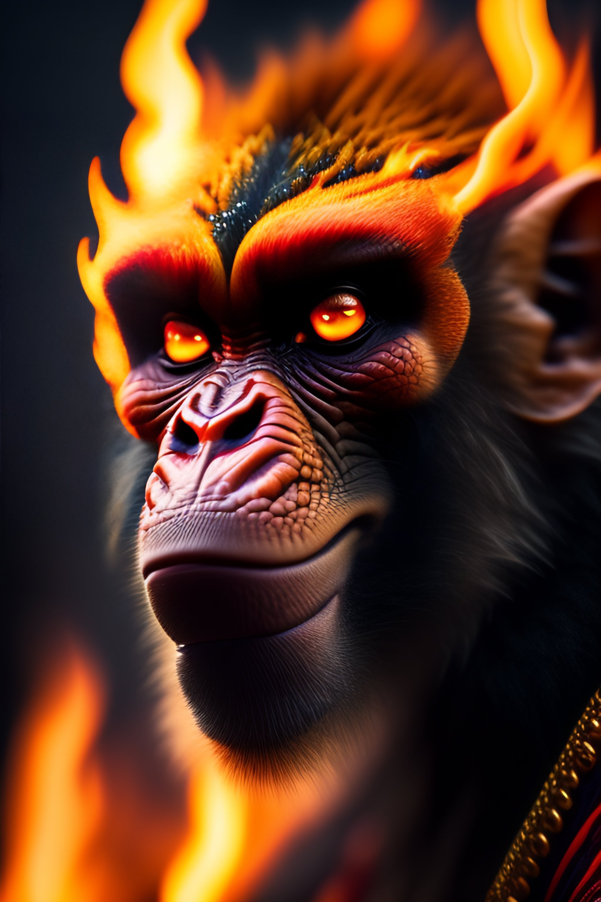 Lexica - Close up portrait of a hybrid anthropomorph fire demon monkey
