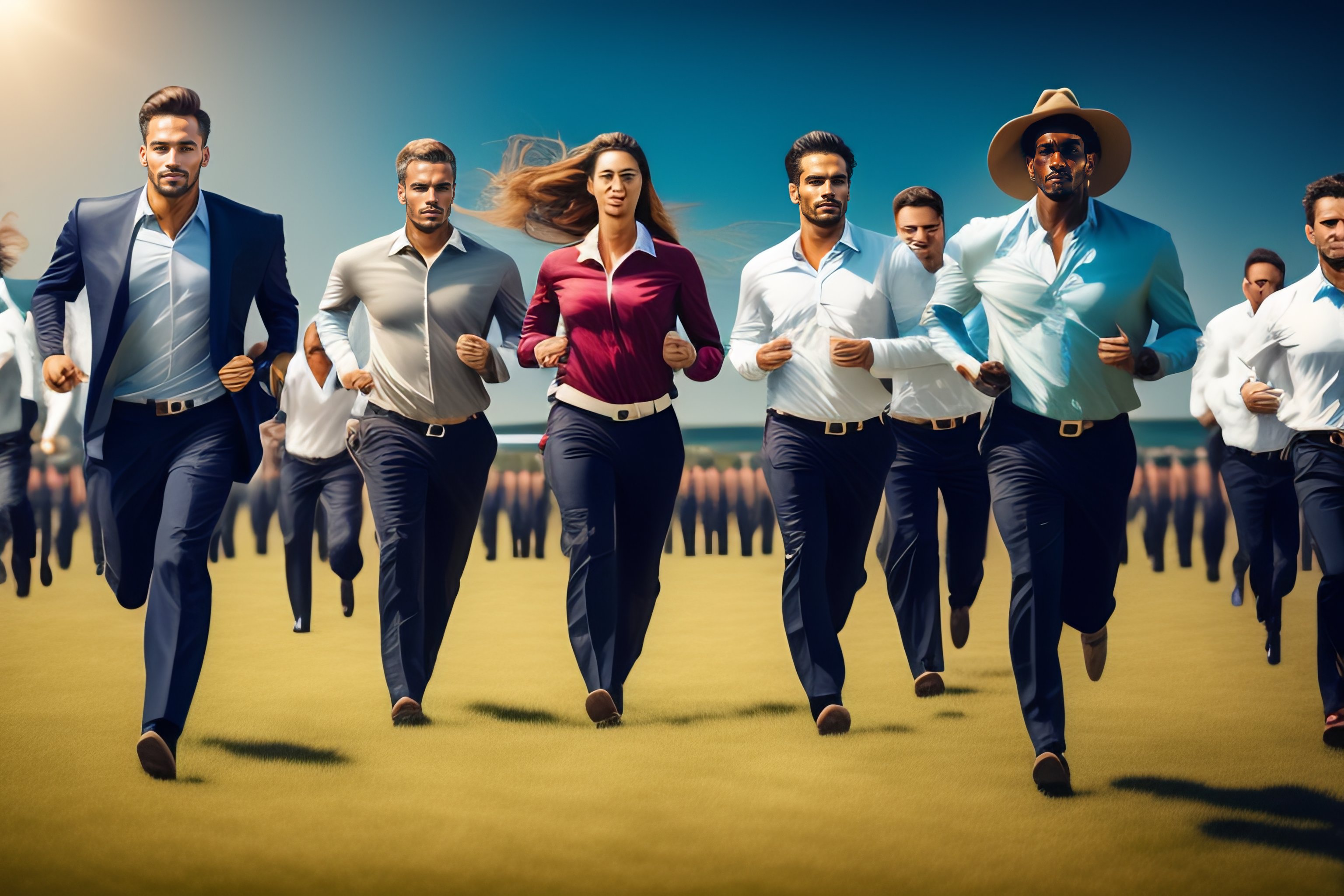 Lexica - Background full of men and wome chasing, front view, grass ...