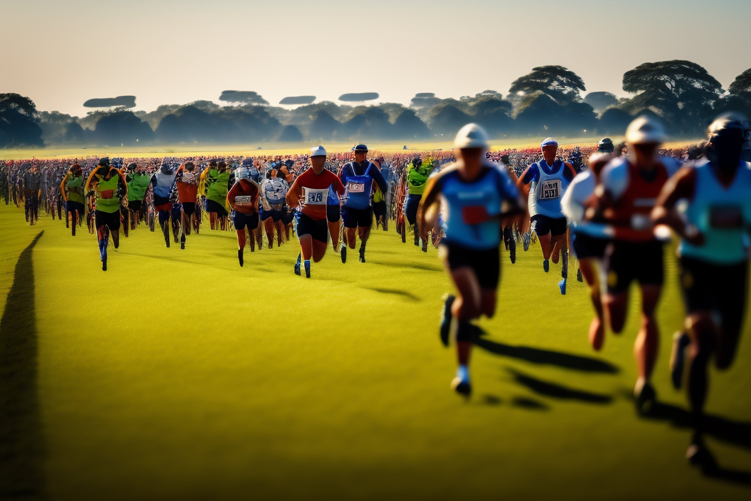 Lexica - A lot of men and women chasing, front view, grass ground, sun ...