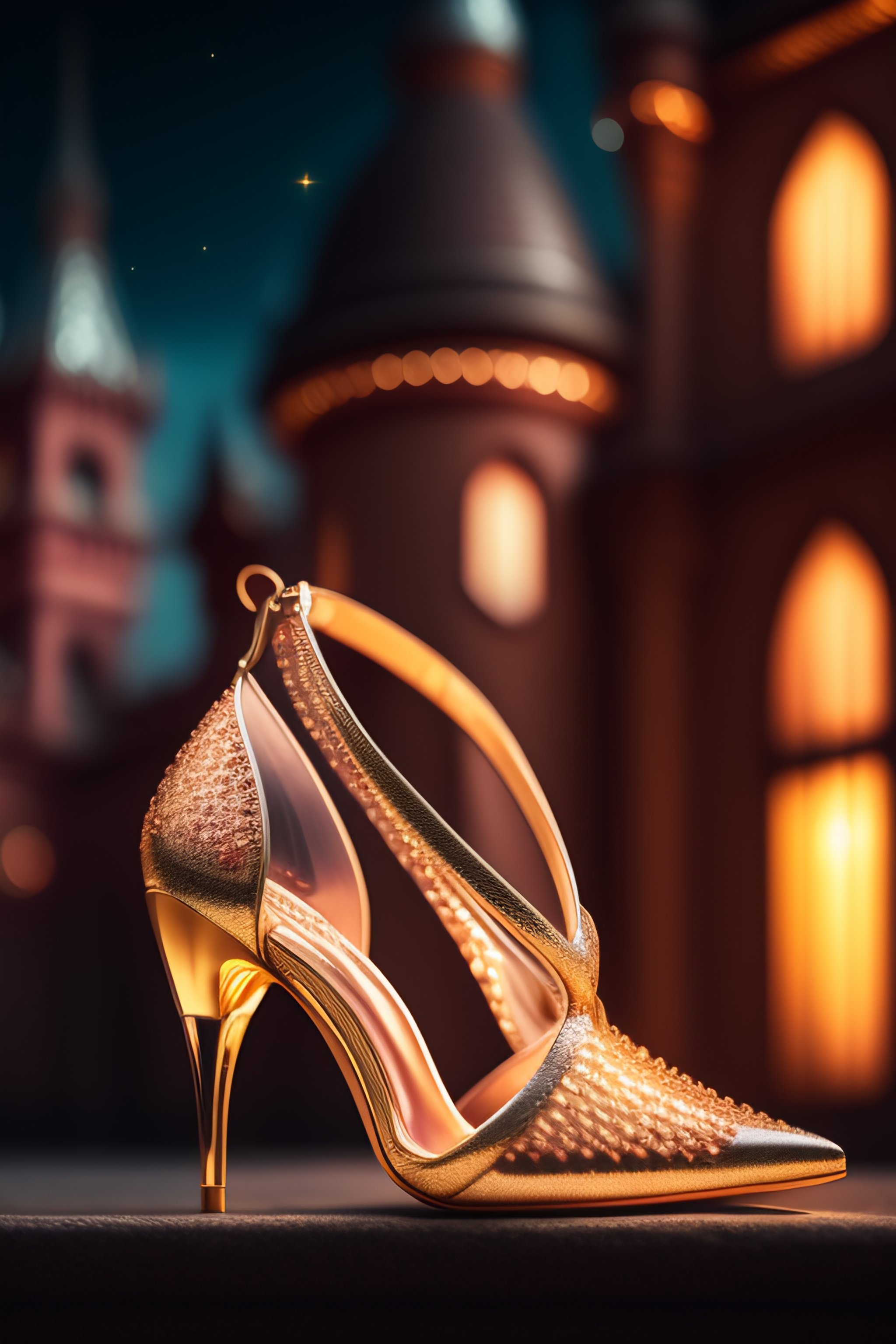 Lexica - Shiny clear intricate high heel shoe in front of a castle, 8k ...