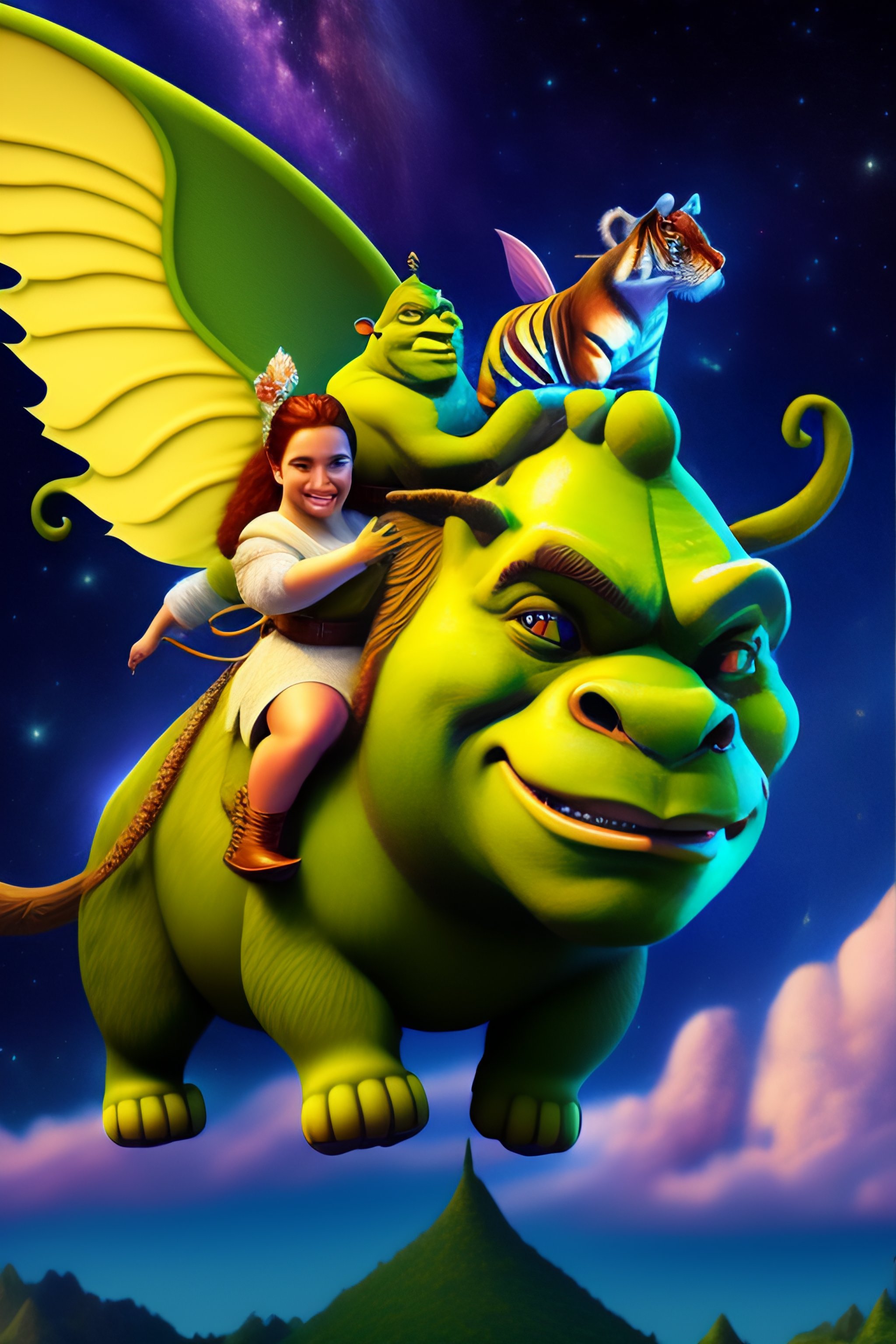 Lexica - Shrek and Fiona fly across the starry sky riding a winged tiger