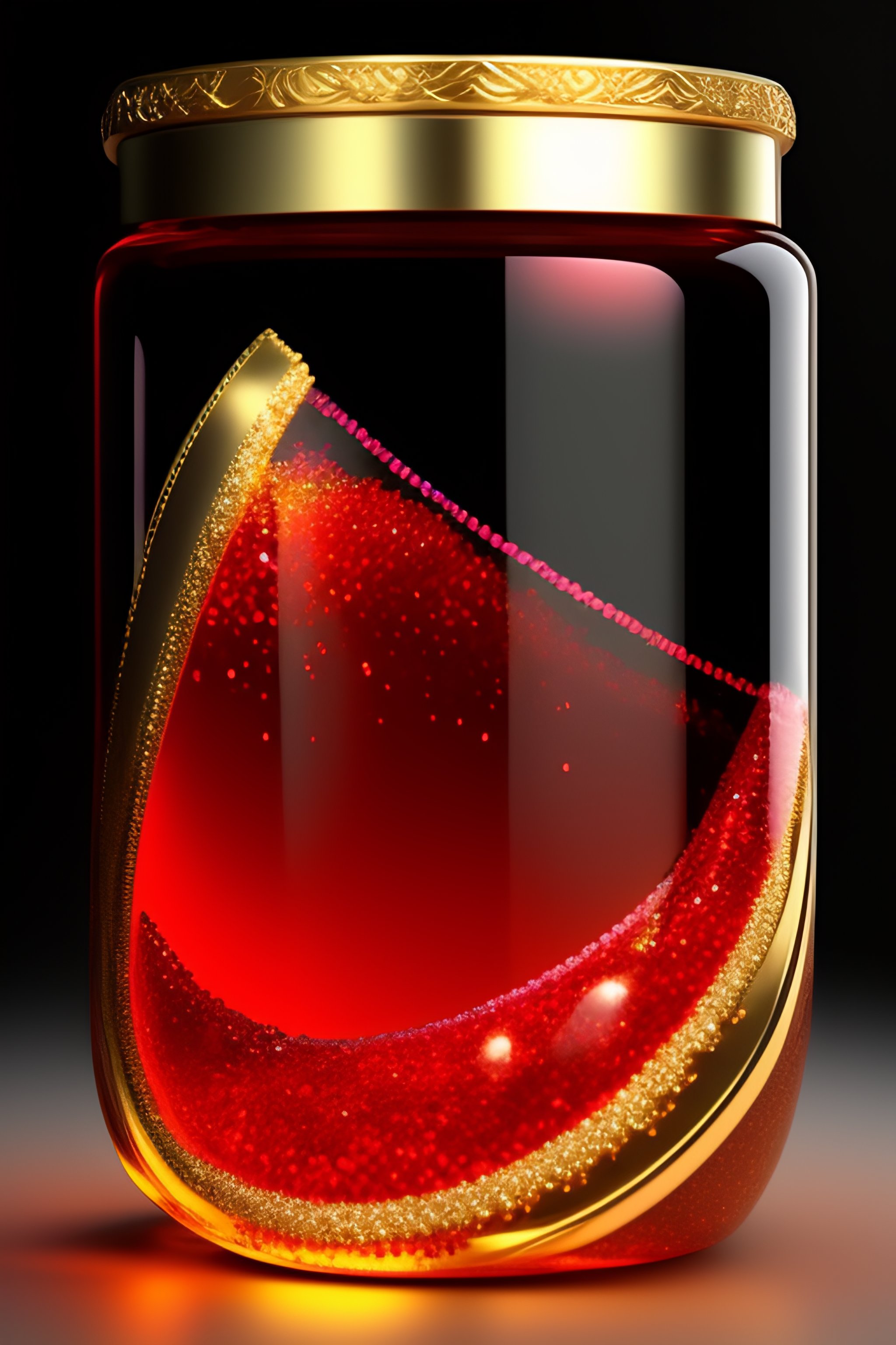 Lexica - Ruby gemstones and gold flakes in a jar