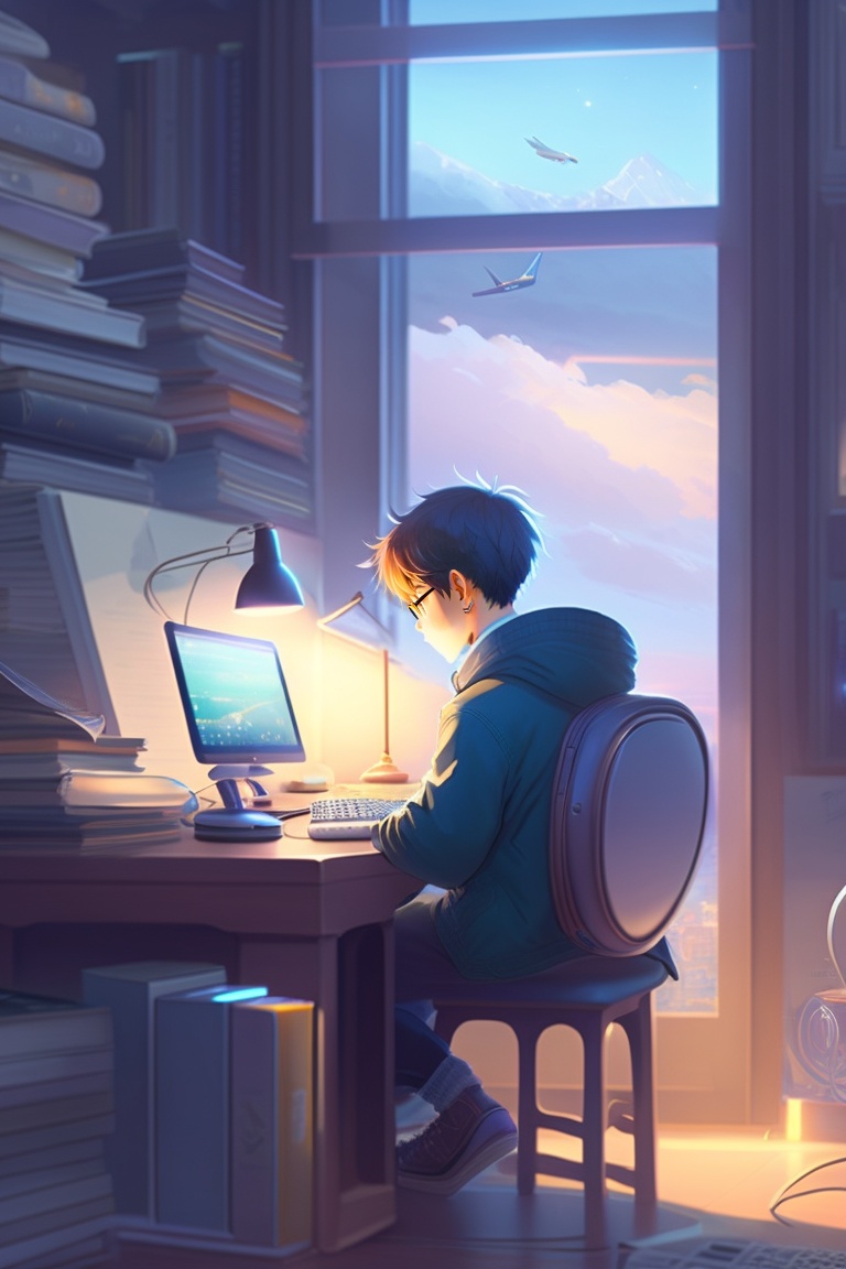 Lexica - A nerdy boy is programming at a computer in a room full of ...