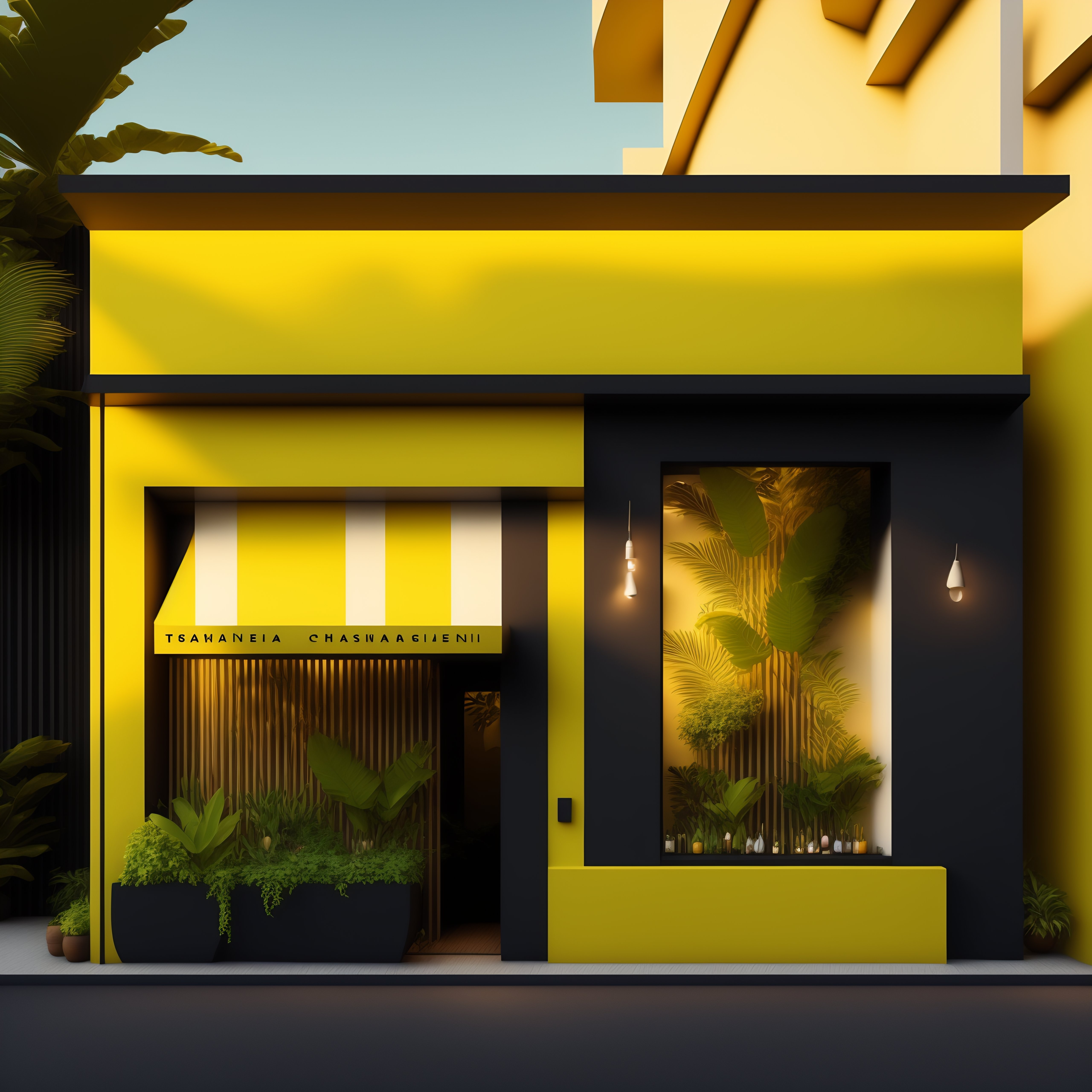 Lexica - A yellow gelato shop facade with tropical plants, minimalist ...