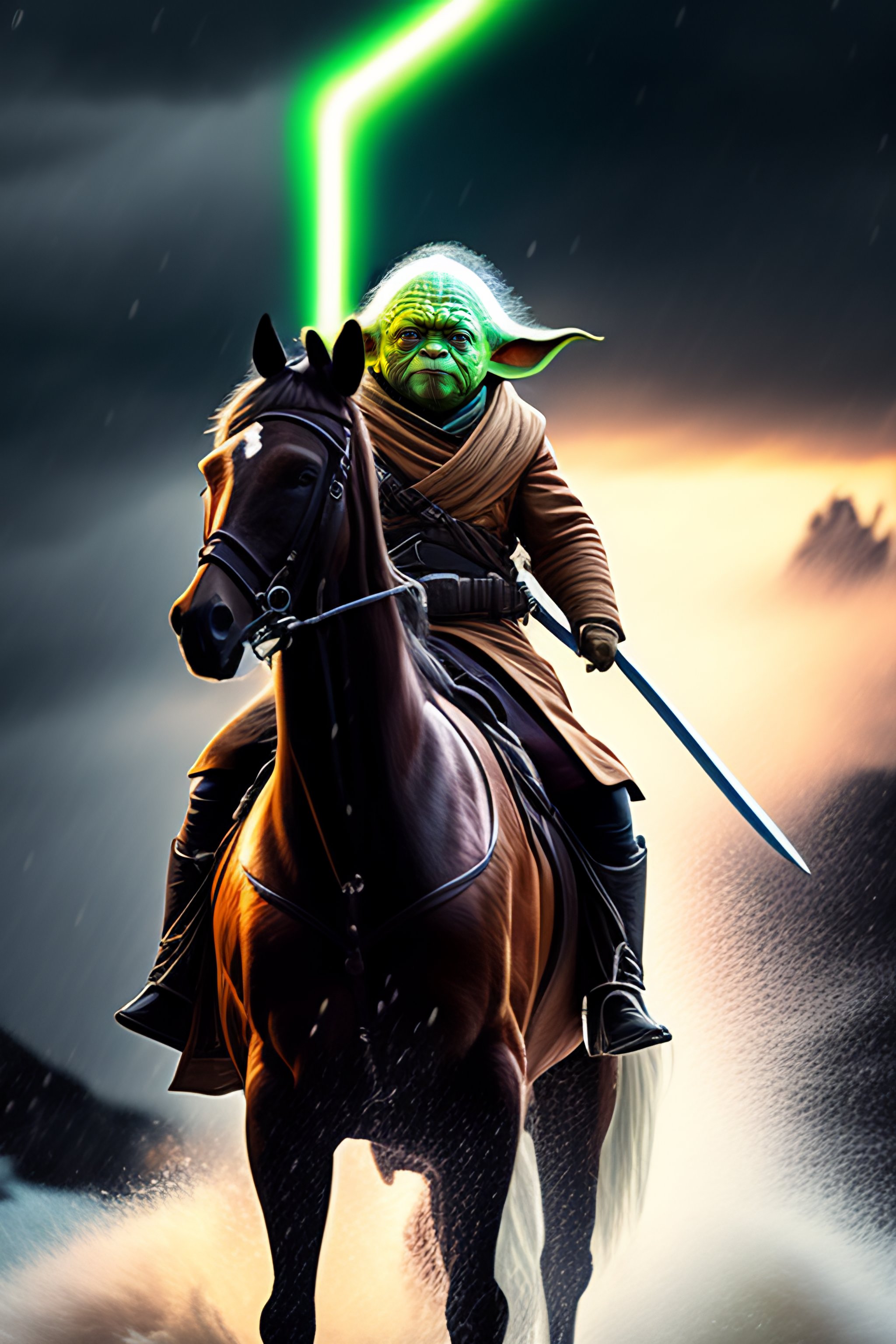 Lexica - Yoda on a horse holding a katana, in a storm, dramatic ...