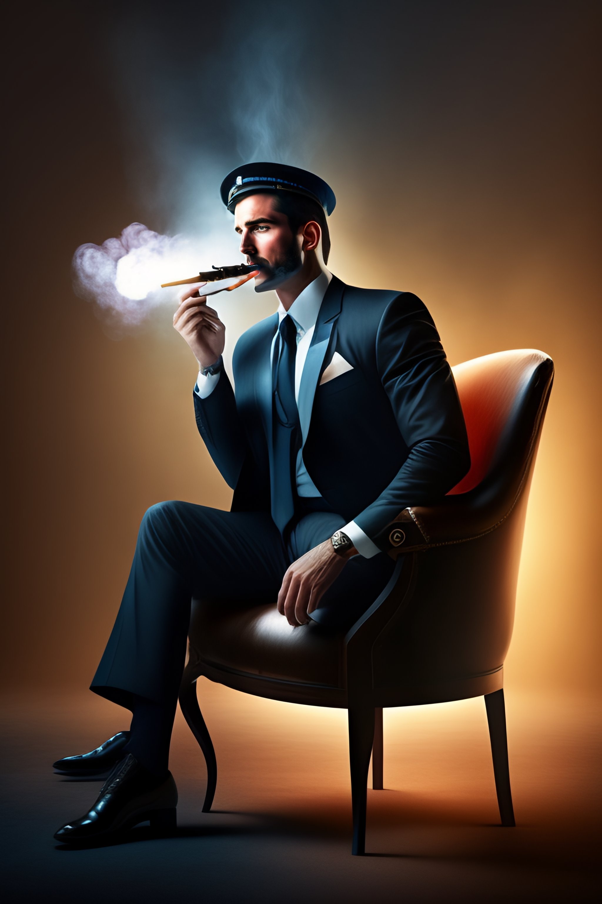 Lexica - Tall withe detective with a cigare in the mouth, sit down on ...