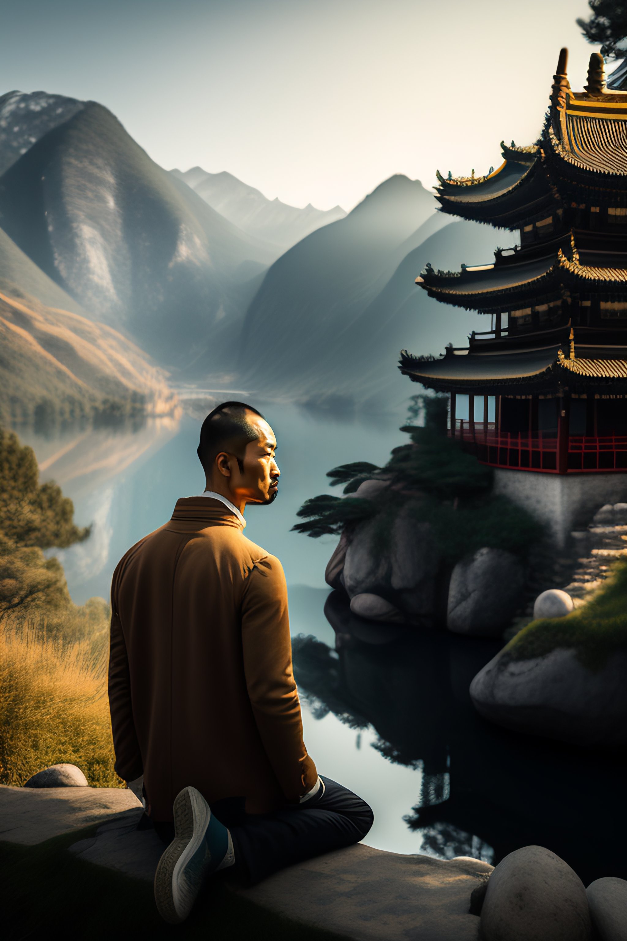 Lexica - Portrait of a young man kneeling in front of an old zen master ...