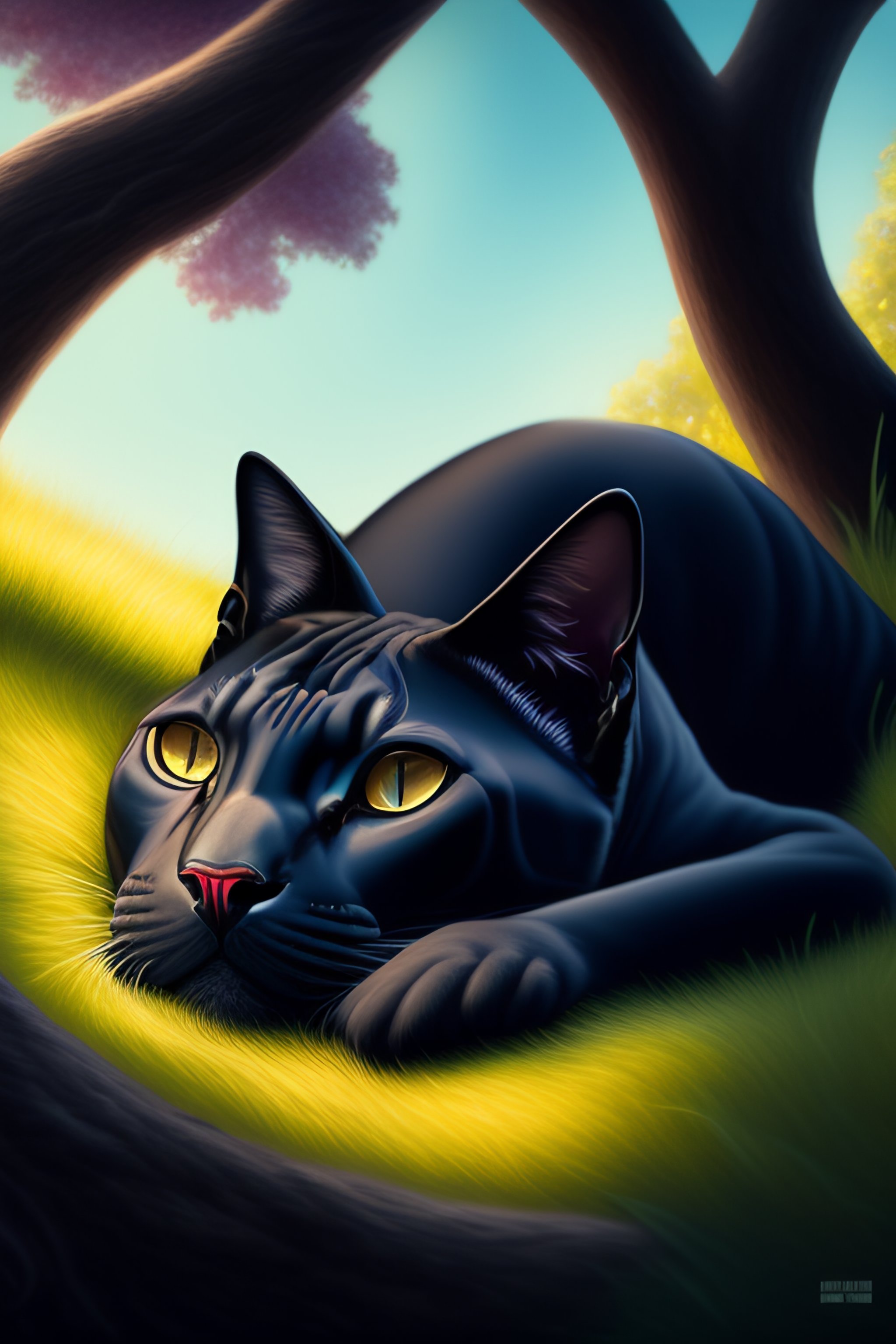 Lexica - Wide angle view from a distance of a black sphinx cat sleeping ...