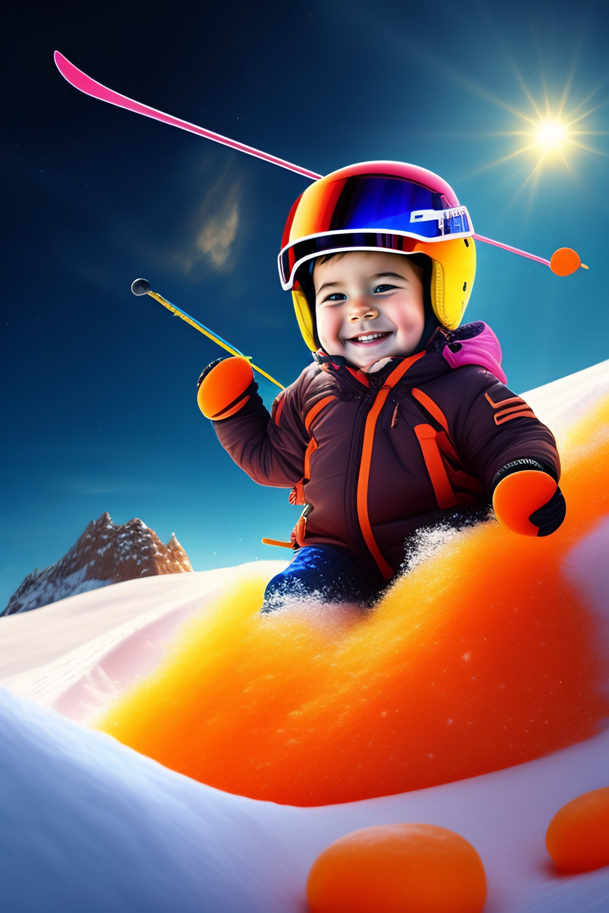 Lexica - A kid drawing of a smiling baby girl skiing down a mountain of ...