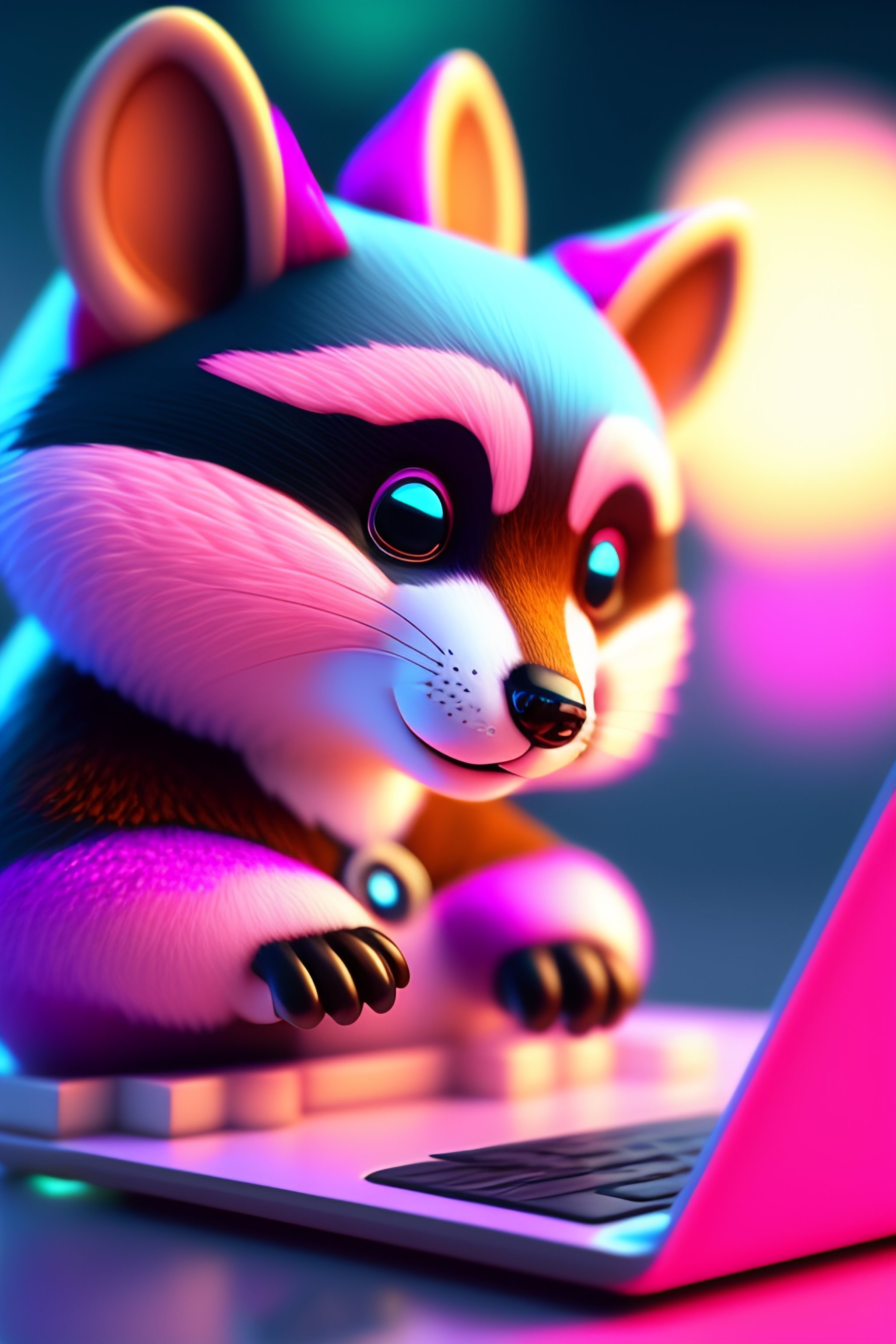 Lexica - Soft pink 3d racoon coding a software with laptop by pixar