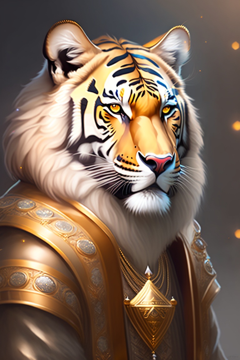 Lexica - Portrait of a tiger with king crown, gold jacket, elegant ...