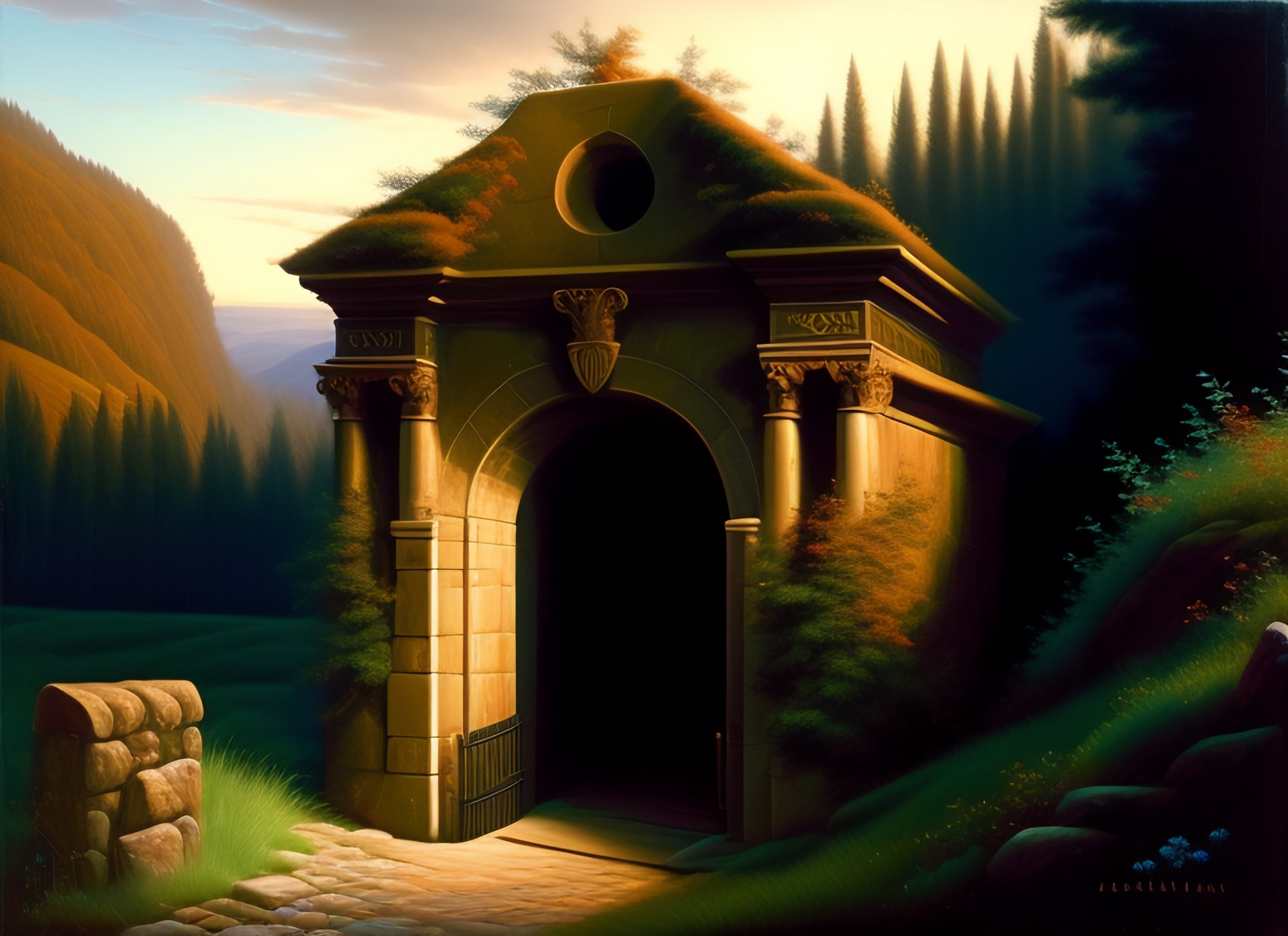 Lexica - Sealed entrance to a crypt built into a hillside, painting ...