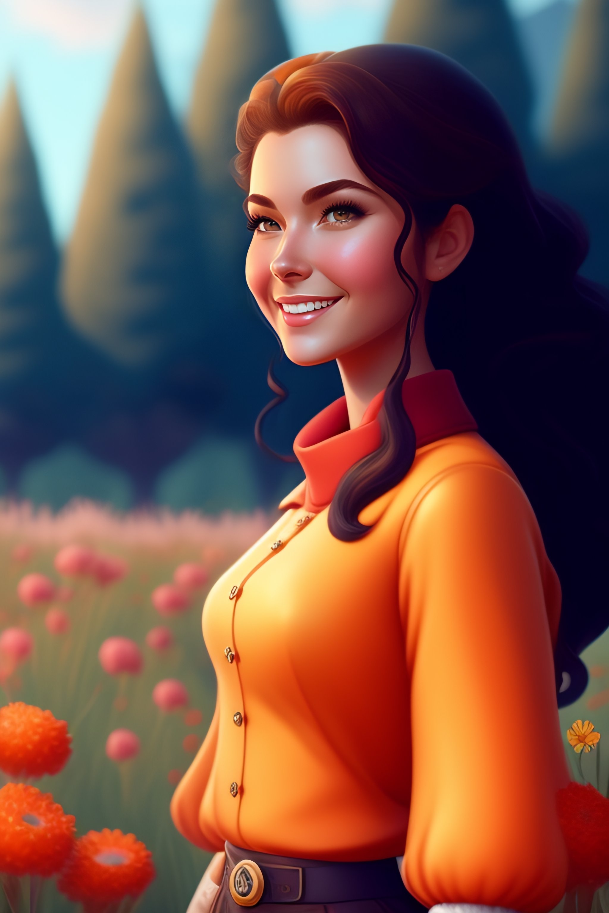 Lexica - View of gorgeous meadow with happy Anna kendricks in red ...