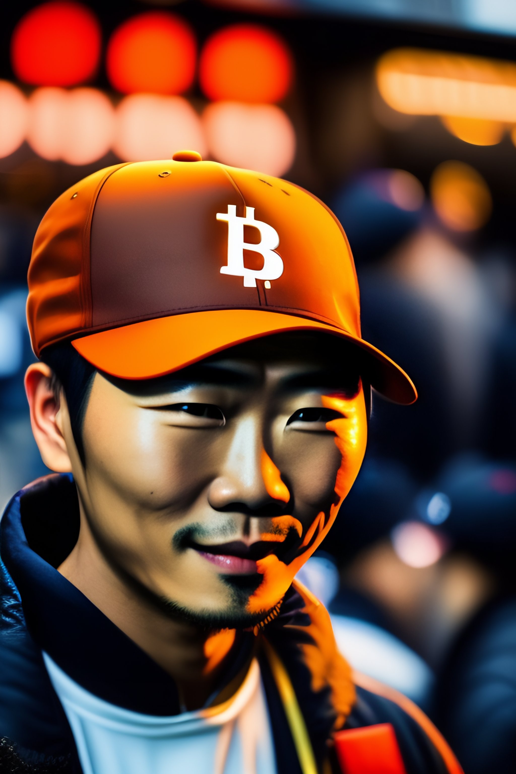 Lexica - ASIAN GUY WEARING A HAT WITH A BITCOIN LOGO ON IT IN TOKYO. IN ...