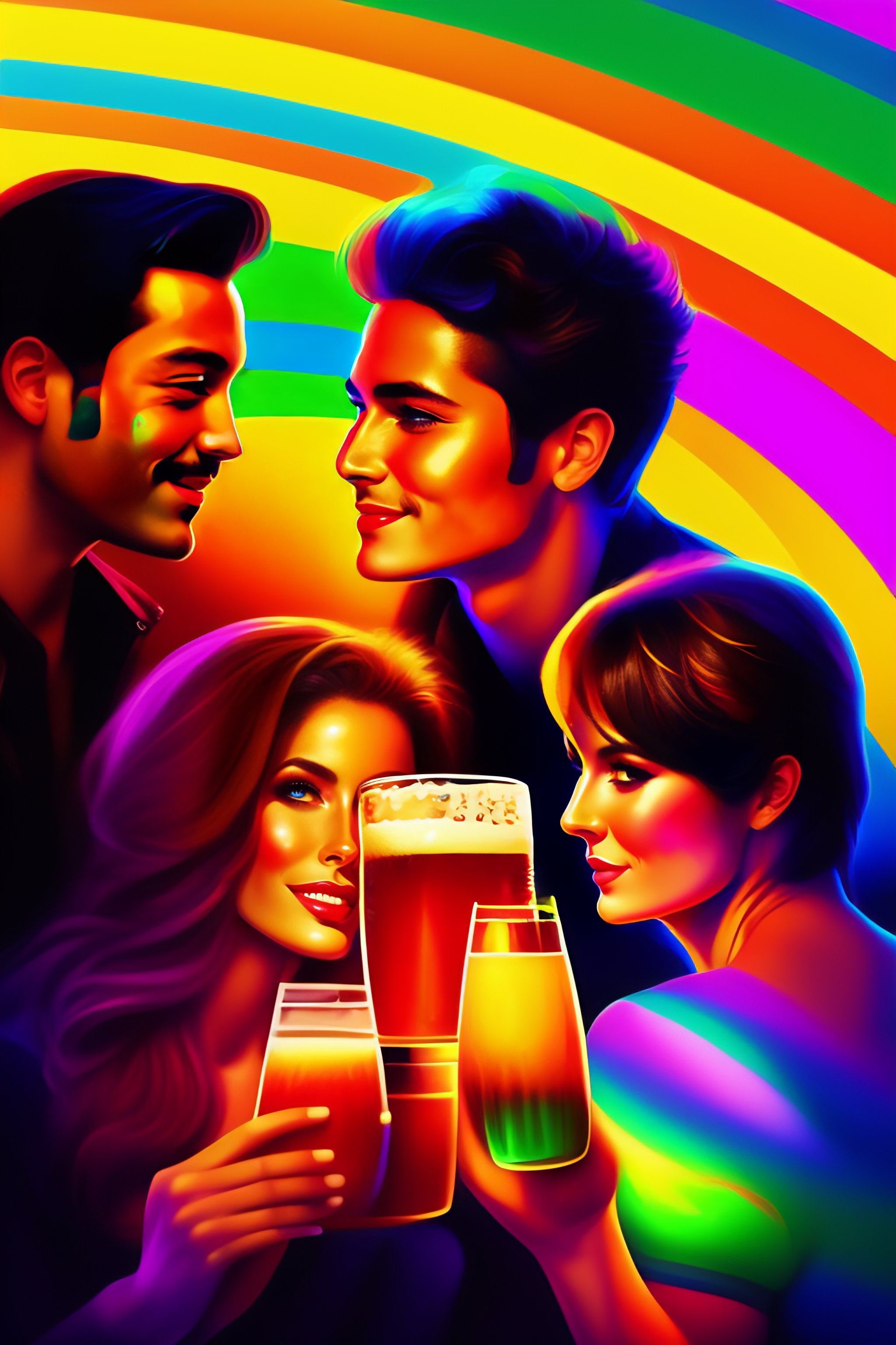 Lexica - A group of beautiful meople drinking beer, rainbow color ...