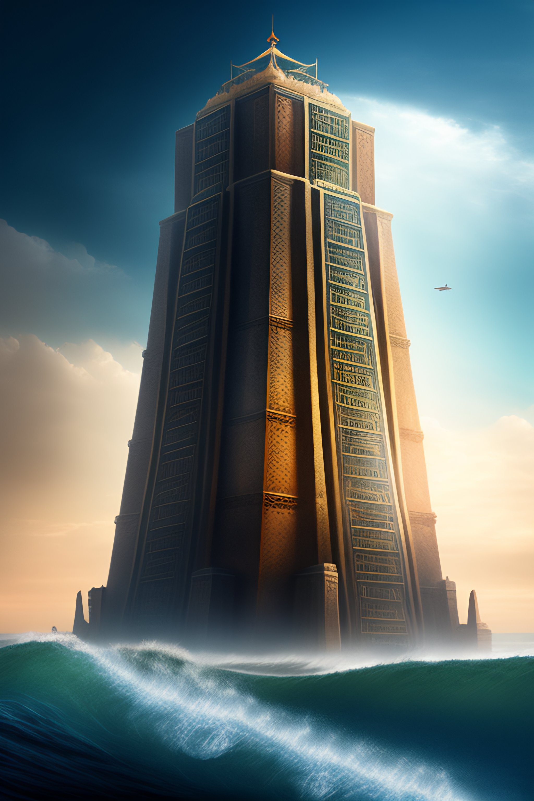 Lexica - Tower of babel in Atlantis lost technology with crashing waves