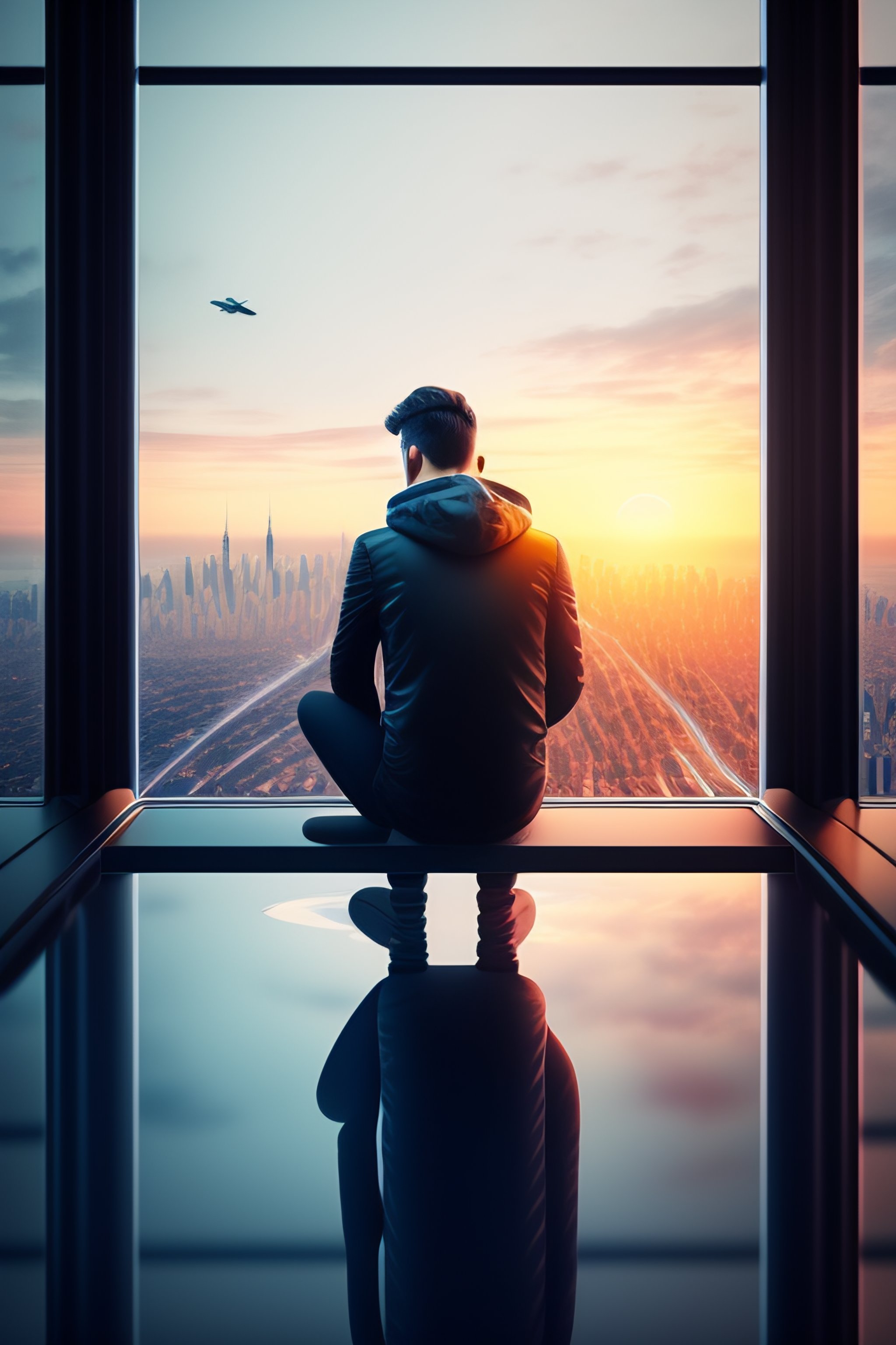 Lexica - Programmer sitting on a top of tower looking down at a city ...