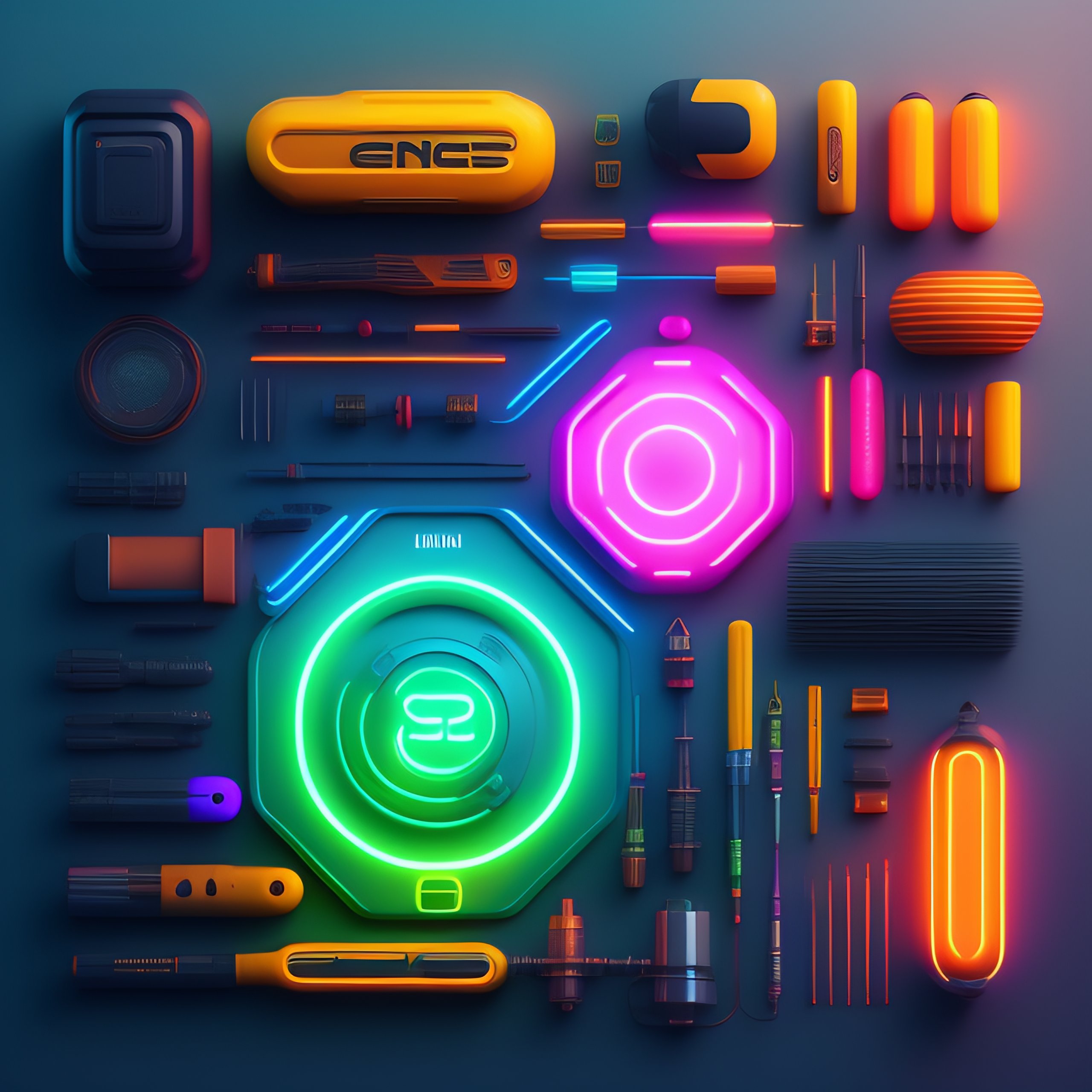 Lexica - Futuristic neon tools, Costumes and props, Knolling, Knolling ...