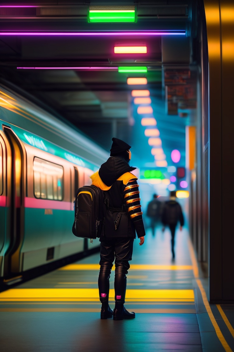 Lexica - Japanese lofi style, a ninja waiting in the subway, dressed in ...