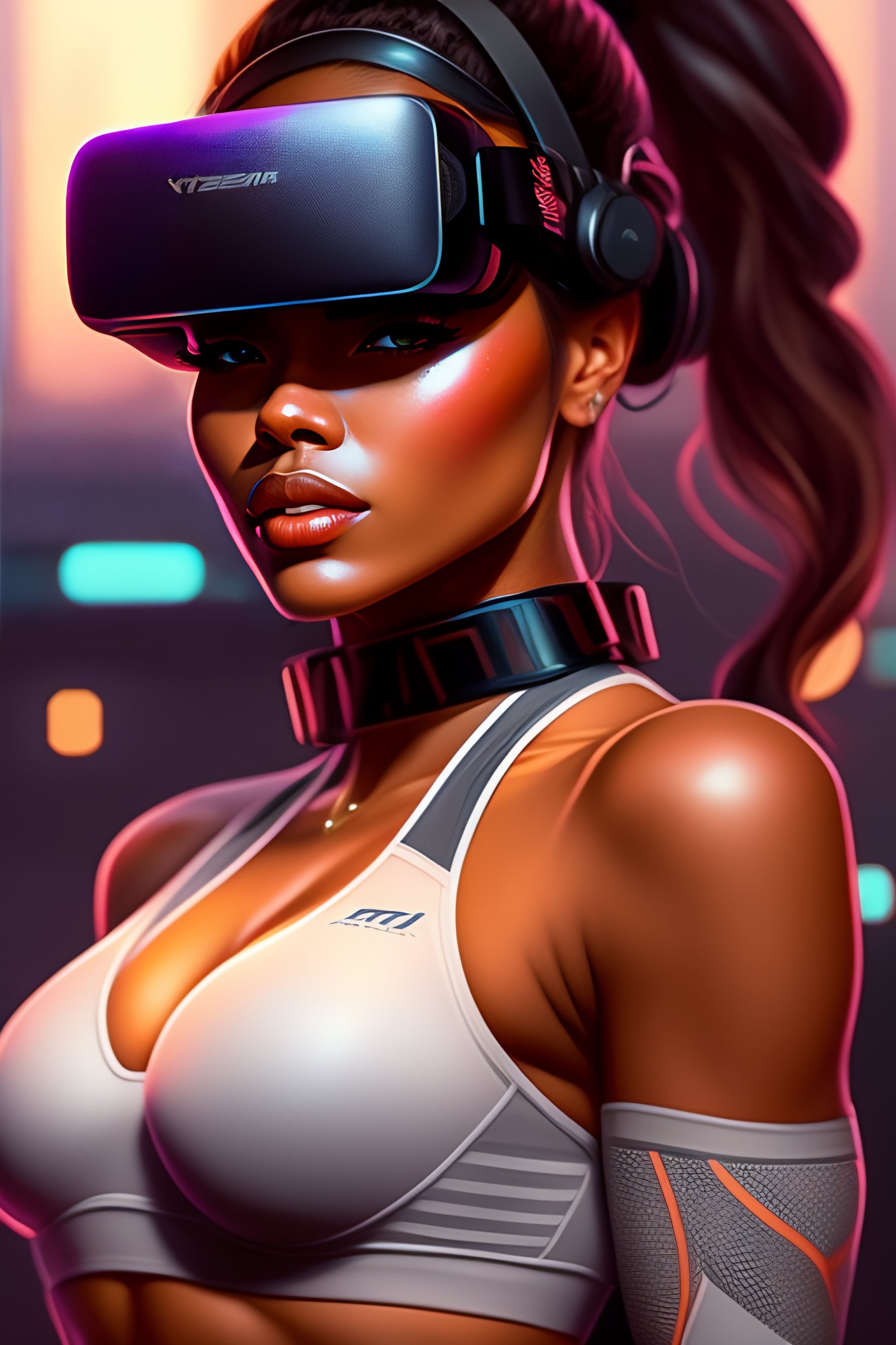Lexica - Pretty gamer woman very pretty with VR Headset, two piece workout clothes, training bra ...