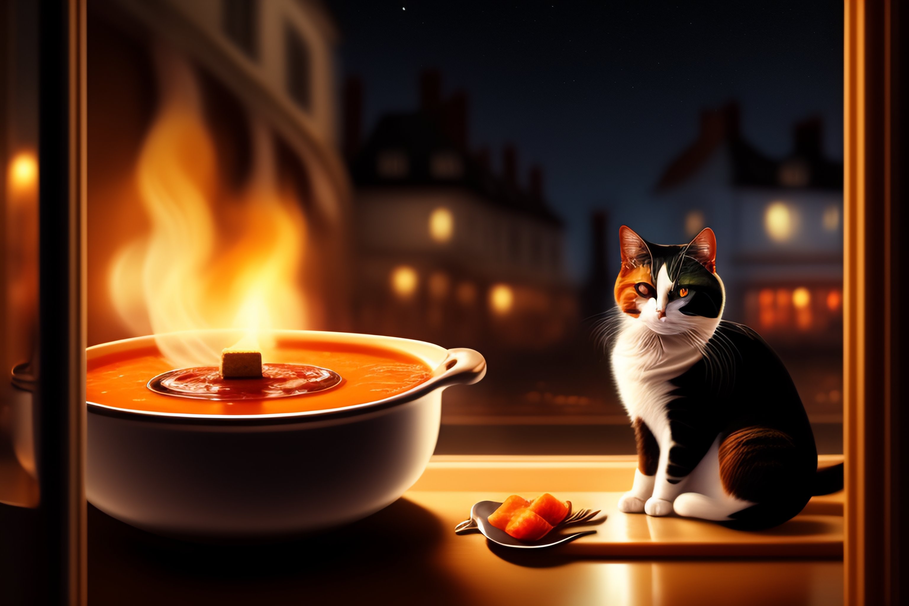 Lexica - A calico cat cooking soup at a French restaurant at night