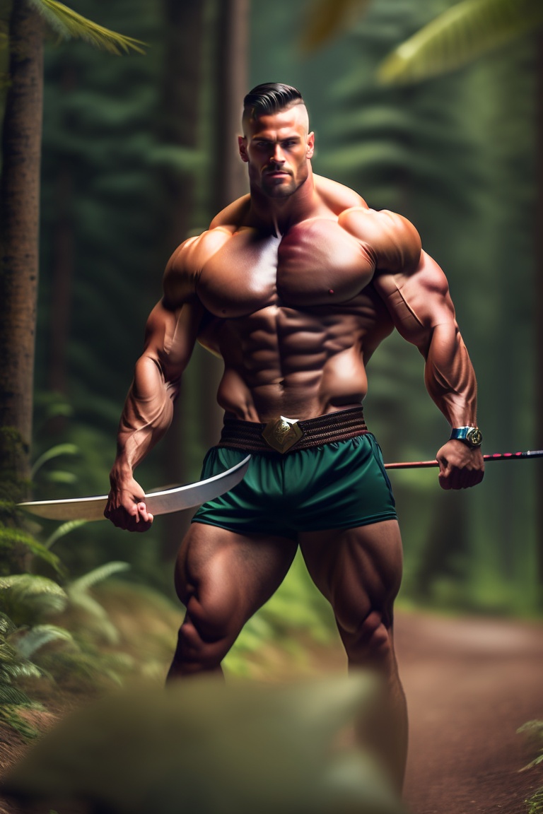Lexica - A powerful man shirtless with a sword, with big muscles and ...