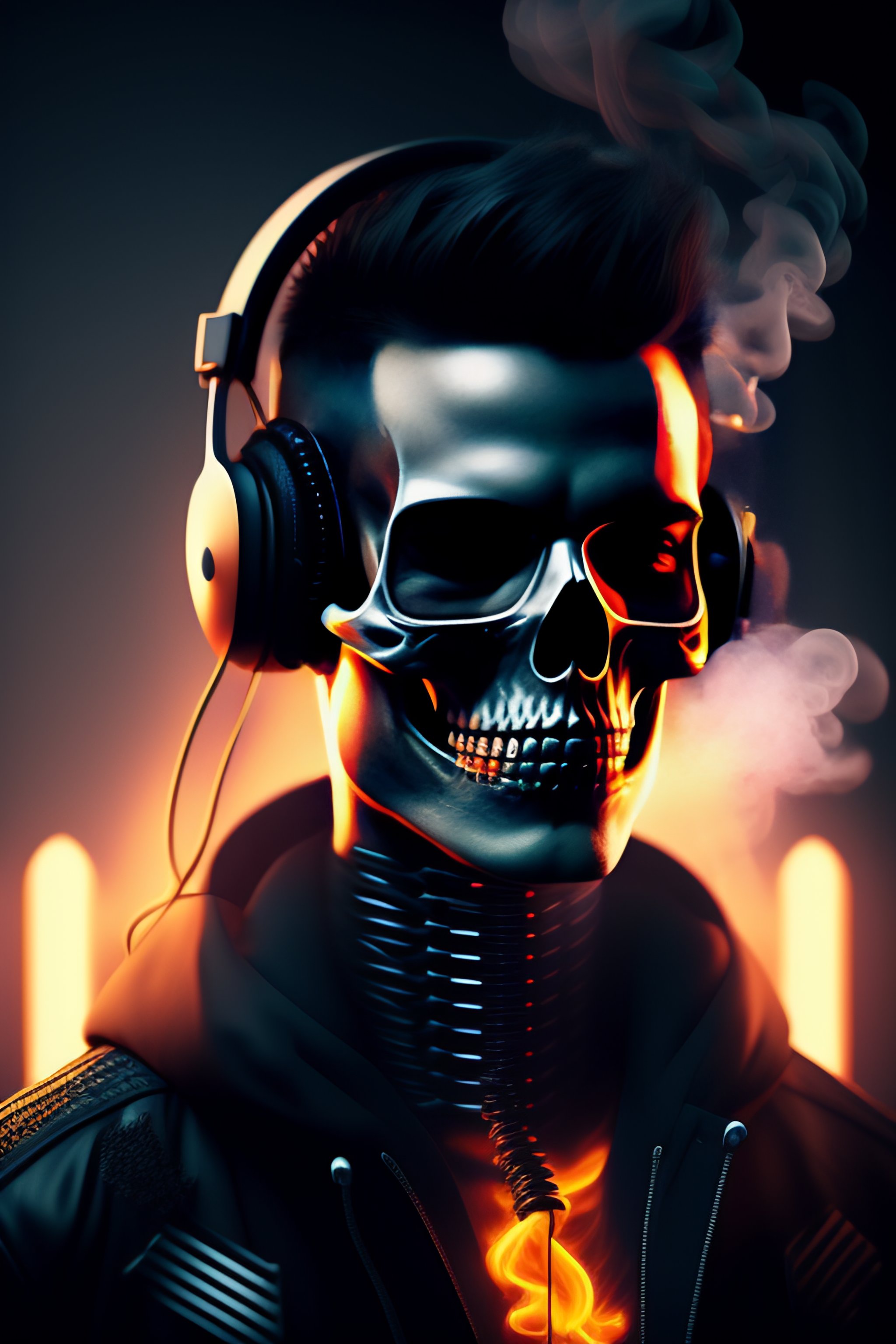 Lexica - Action shot portrait Neo punk skeleton with headphones, smoke ...