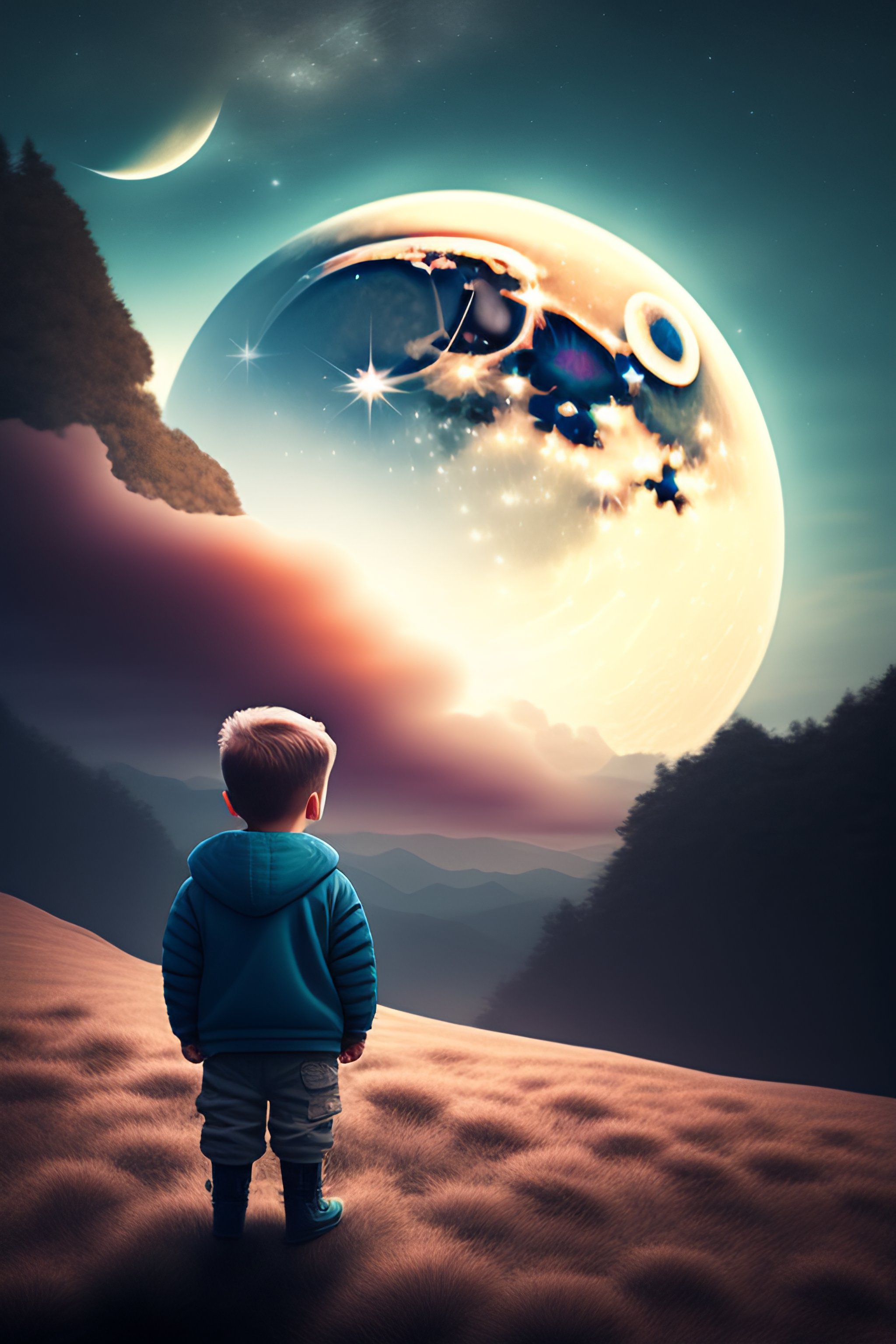 Lexica - Kid look to the moon and thinking