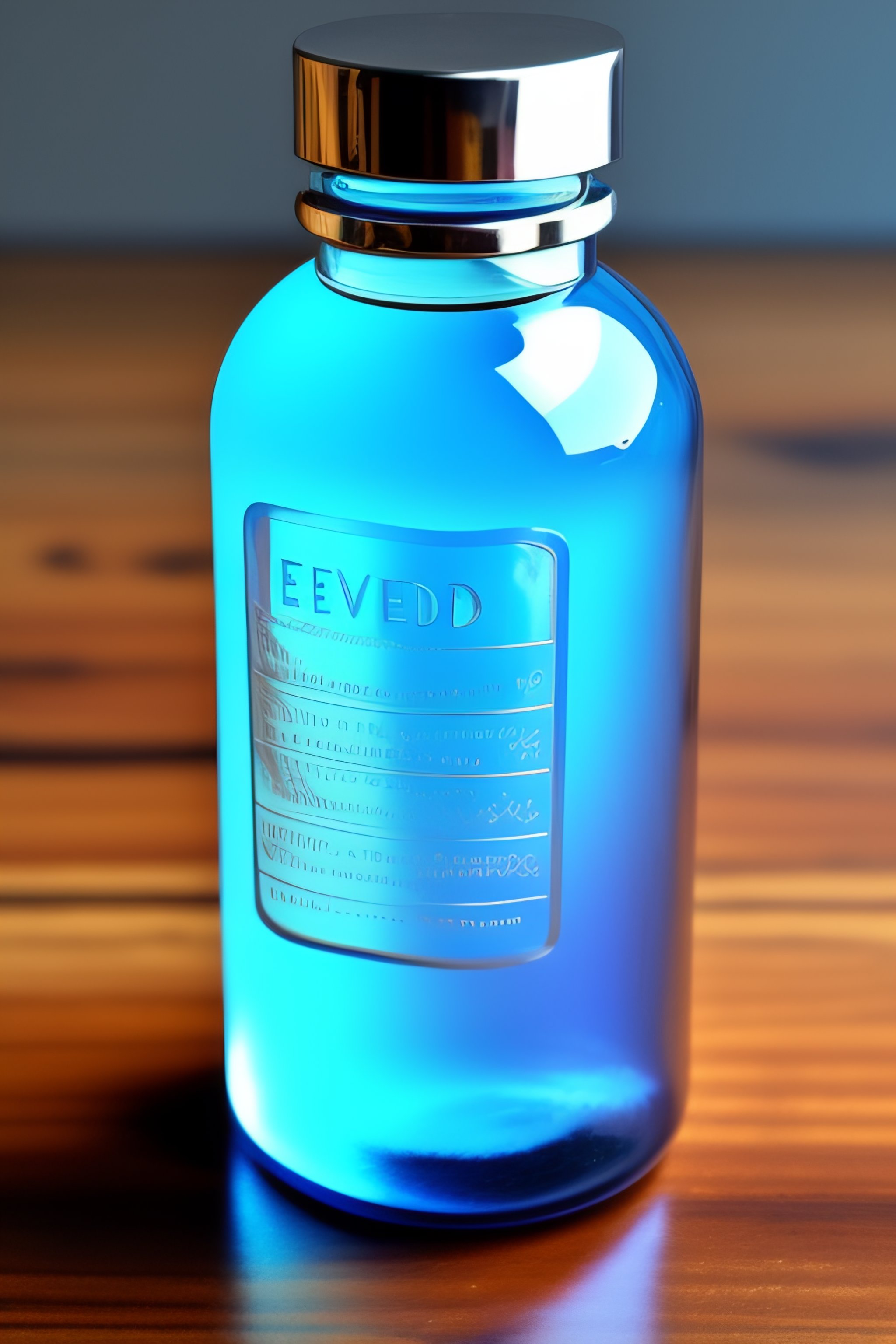 Lexica - Translucent blue medicine bottle with silver label saying "EVOMED"