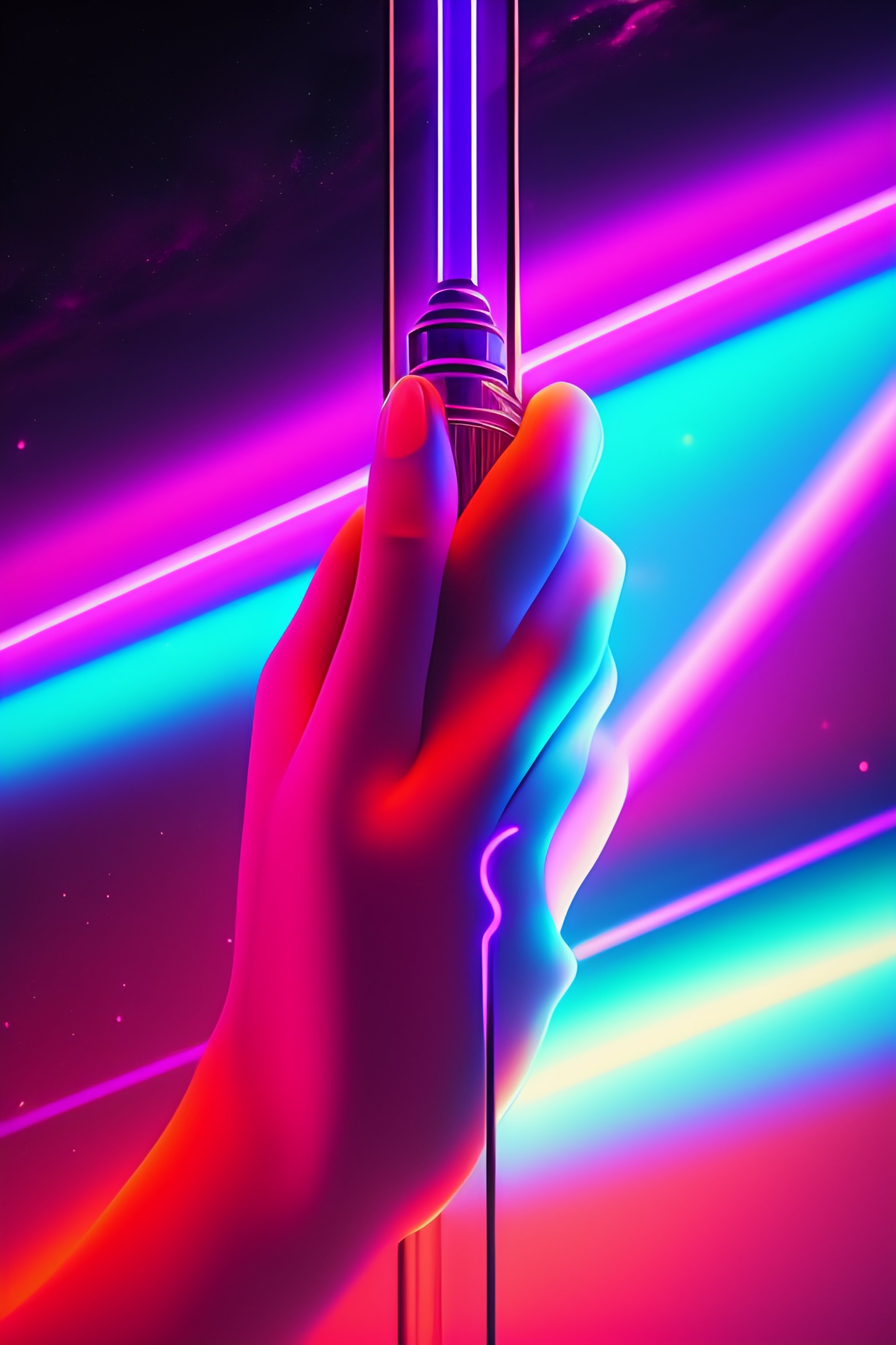 Lexica - Synthwave of a rosary on hand praying Neon lights