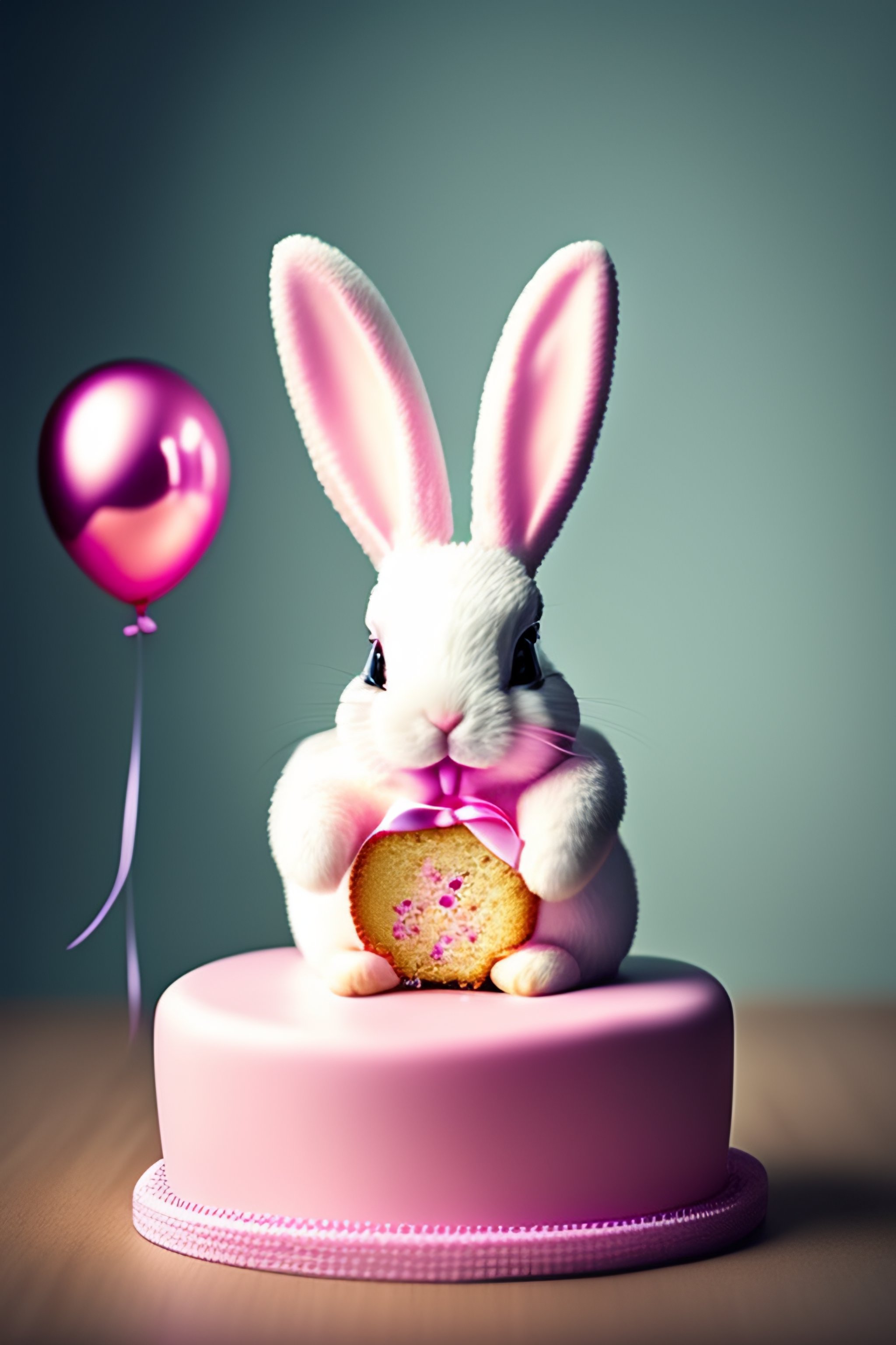 Lexica - Cute little pink bunny celebrating birthday with balloons and cake
