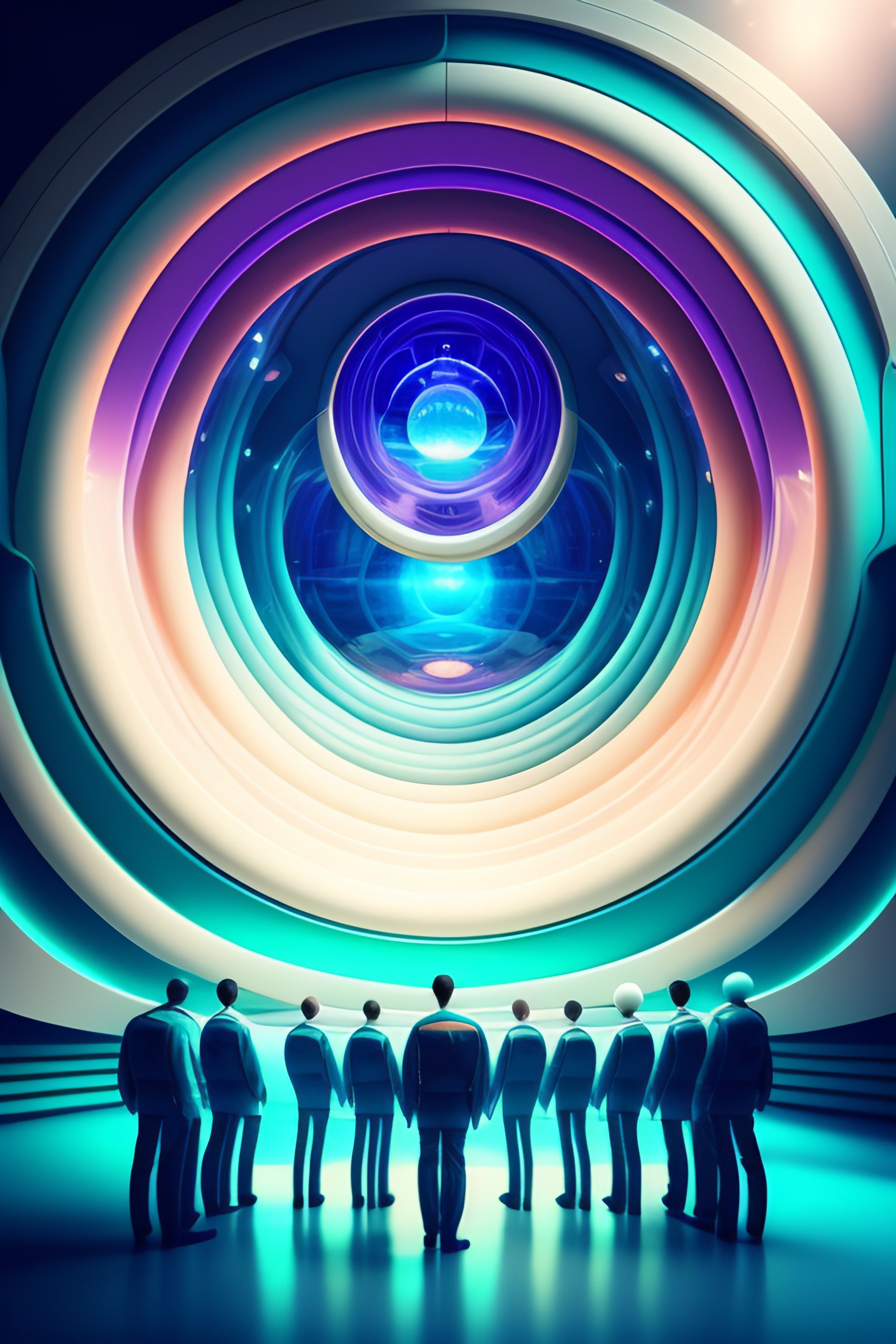 Lexica - Futuristic torus shaped spaceship lab, five scientist looking ...