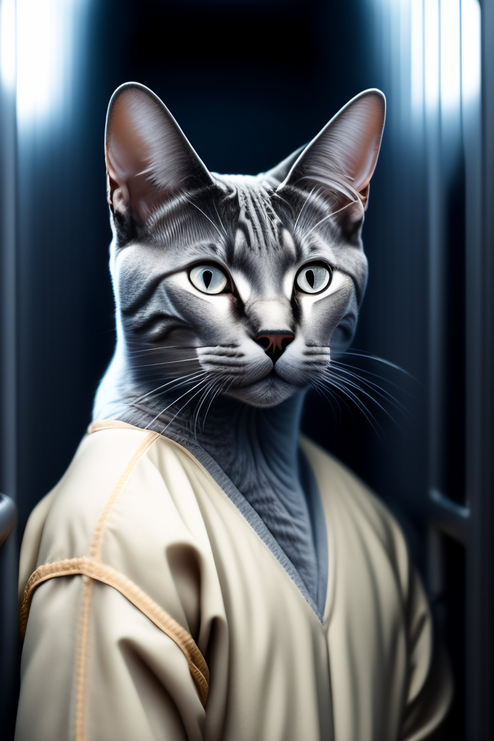 Lexica - A humanoid grey cat wearing inmate white jumpsuit outfit in ...