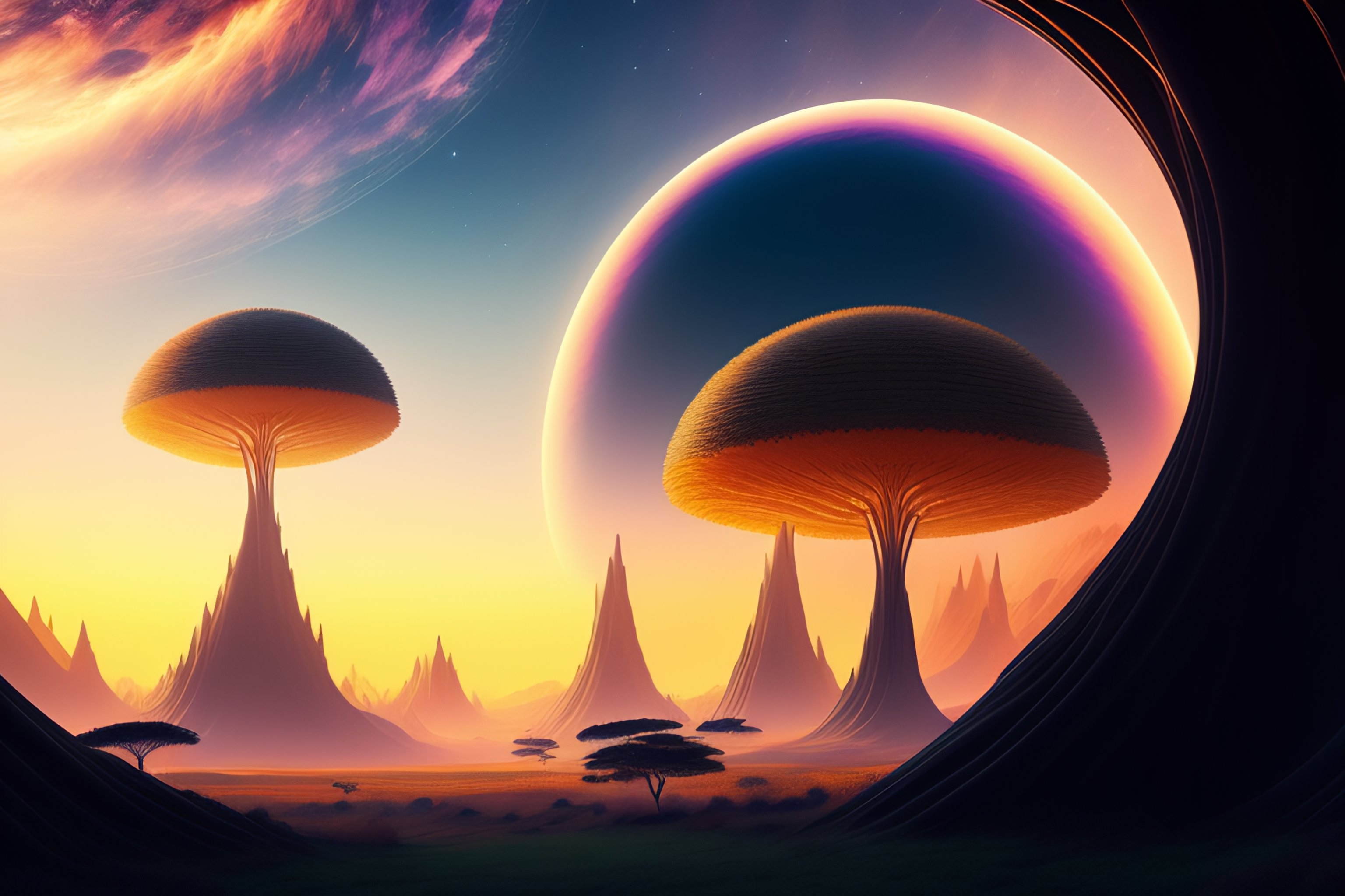 Lexica - A dreamlike landscape with strange trees and planets in the sky
